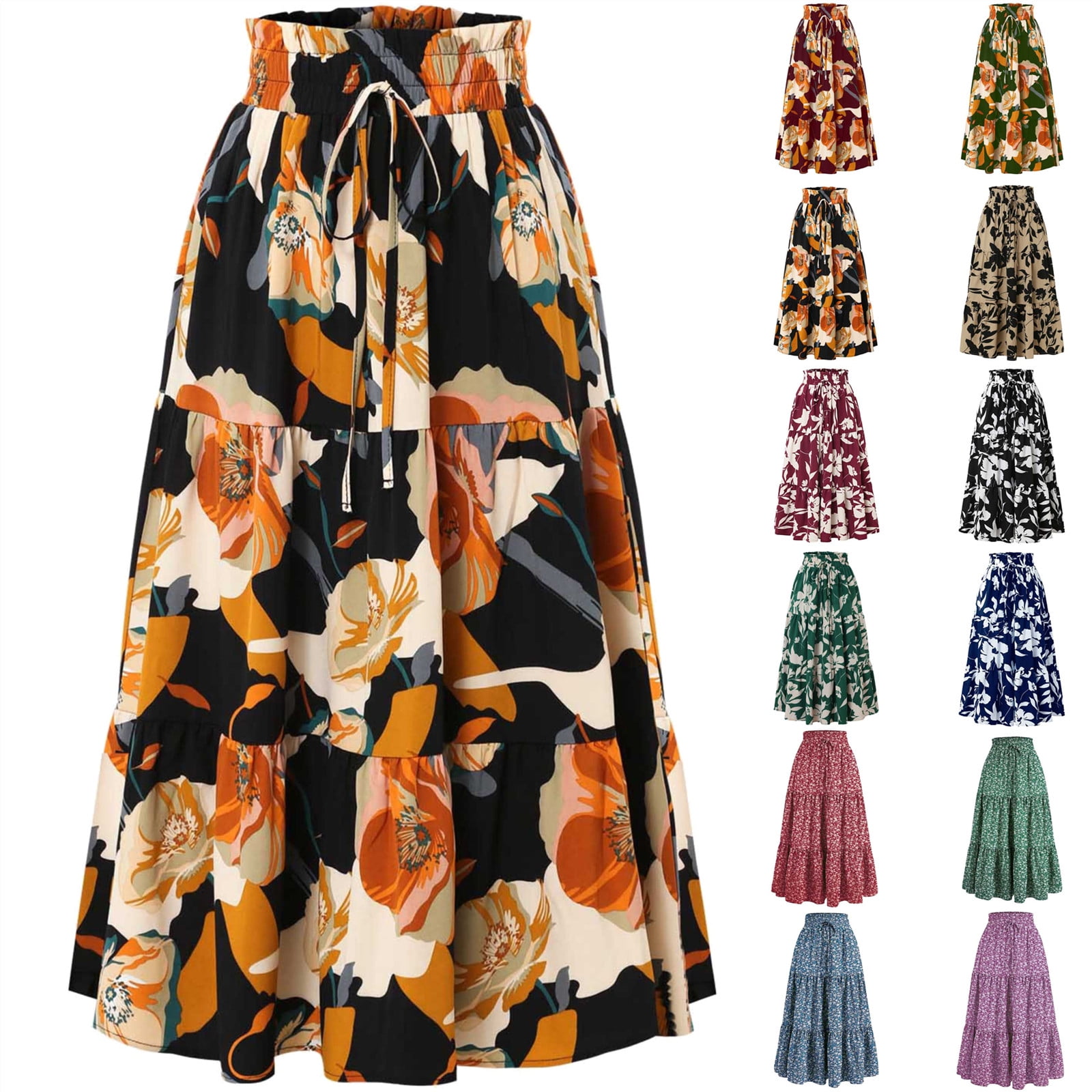 QATAINLAV Women's Pleated Skirt Fashion Floral A-Line Flowy Maxi Skirts ...