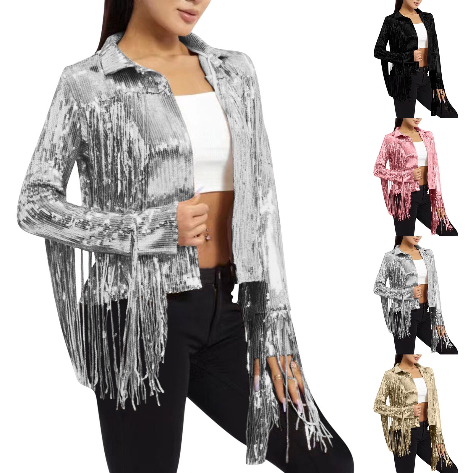 QATAINLAV Women's Sequins Tassel Bomber Jackets Glitter Lapel Long ...