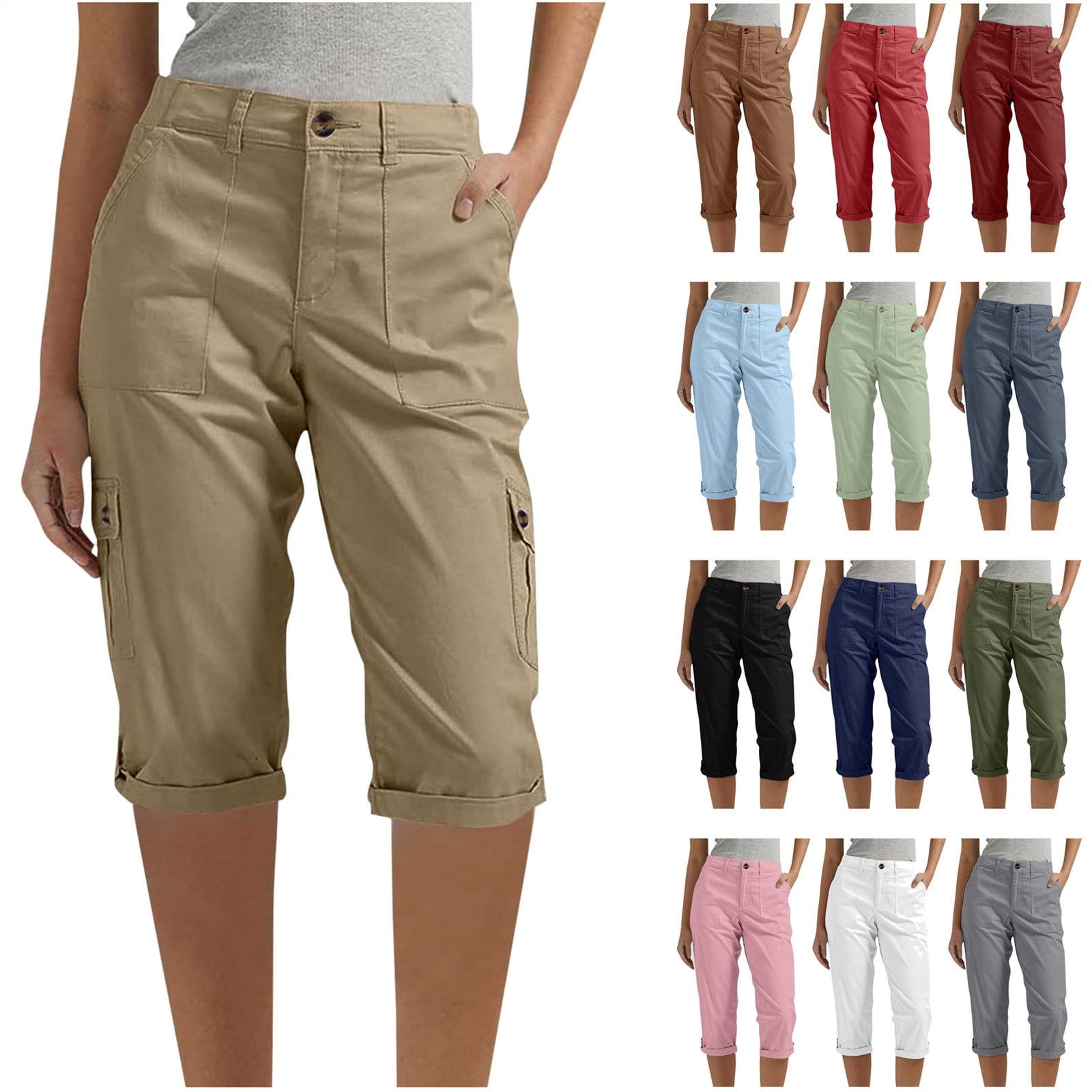 QATAINLAV Women's Twill Cargo Capri Pants Solid Casual Cuffed Hem Capris Summer Button Closure ...