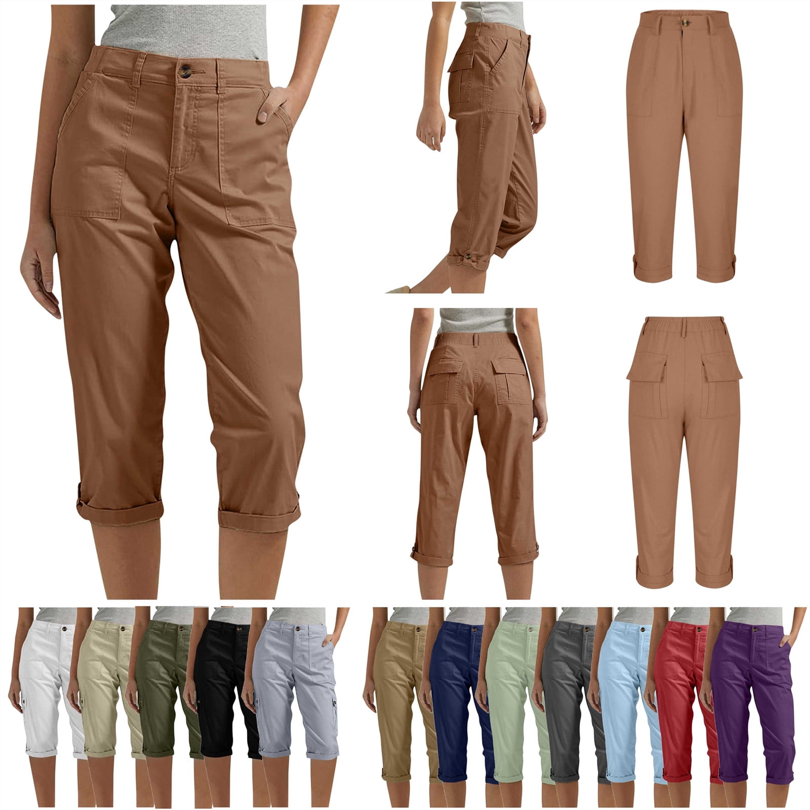 QATAINLAV Women's Twill Cargo Capri Pants Solid Casual Cuffed Hem ...
