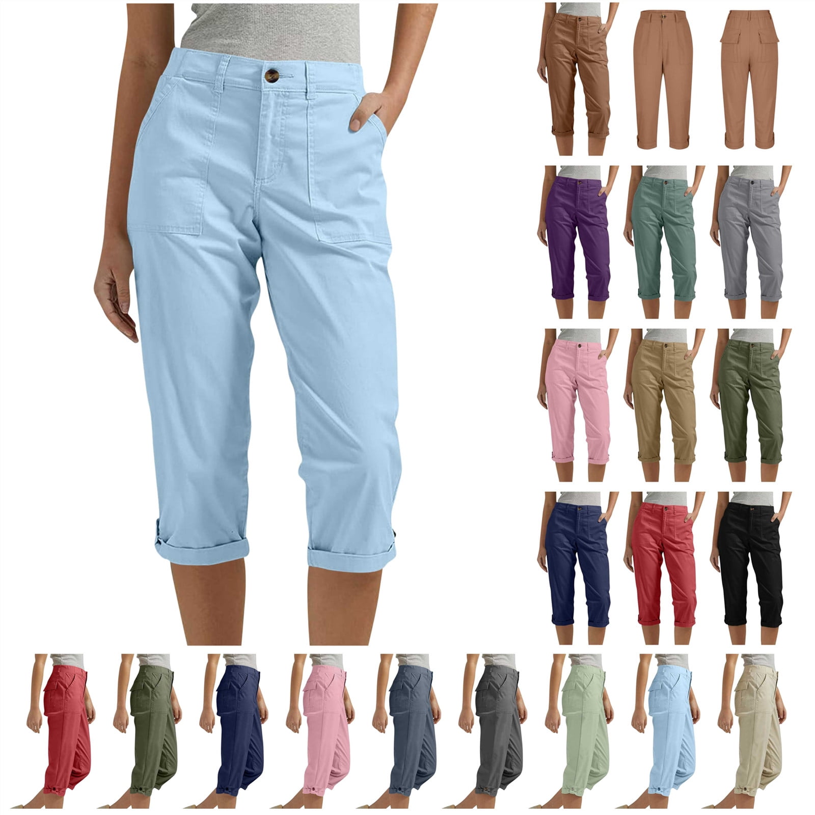QATAINLAV Women's Twill Cargo Capri Pants Solid Casual Cuffed Hem Capris Summer Button Closure ...