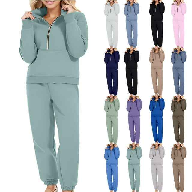 QATAINLAV Womens 2 Piece Outfits Long Sleeve Sweatsuits Sets Solid Casual Half Zip Sweatshirts ...