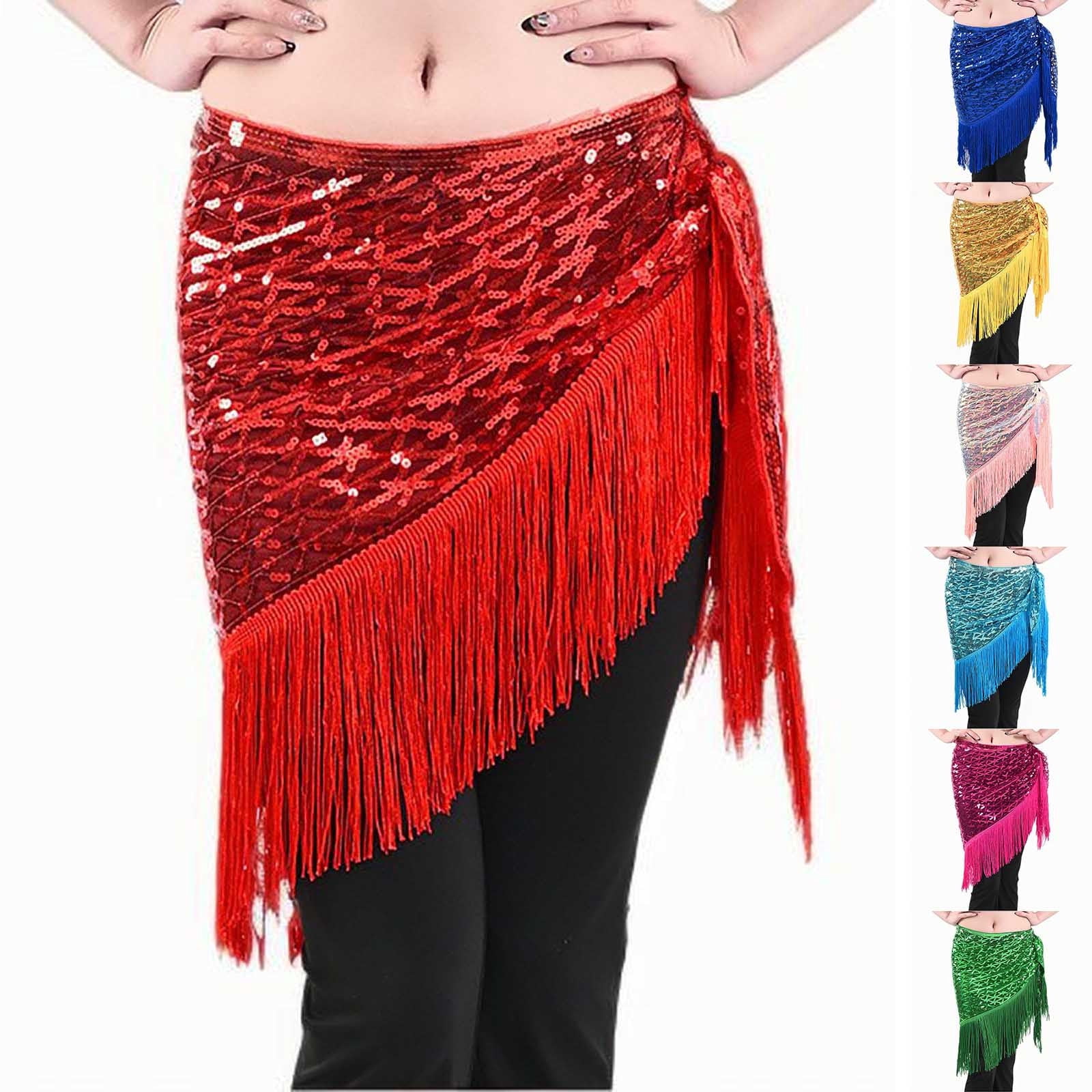 QATAINLAV Womens Belly Dance Skirt Tassel Fringe Skirts Sparkly Sequin ...