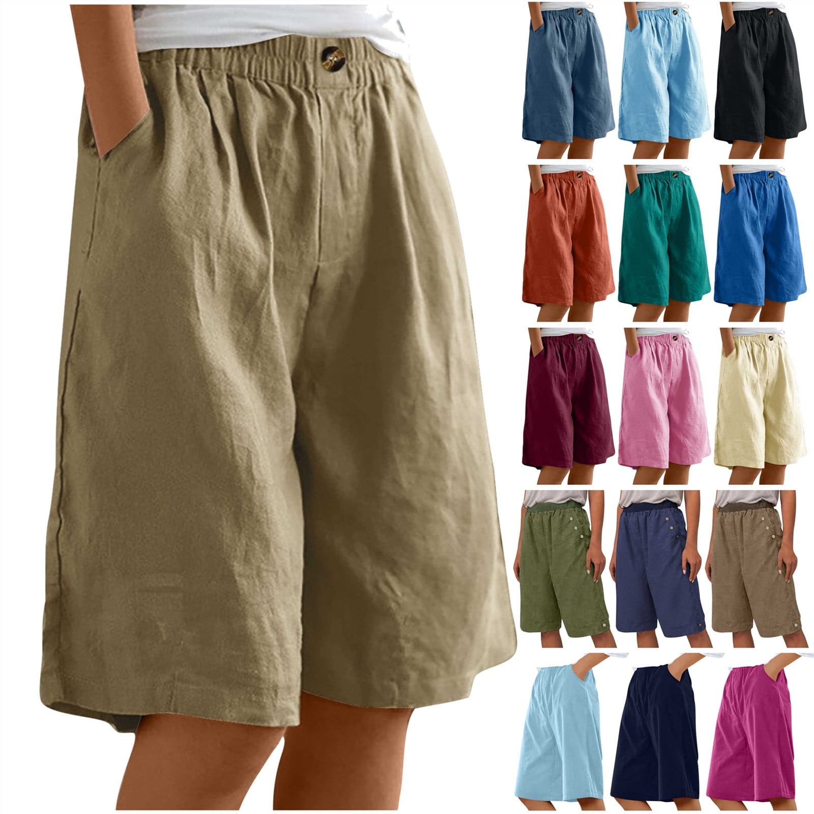 QATAINLAV Womens Bermuda Shorts Knee Length High Waisted Wide Leg Linen ...