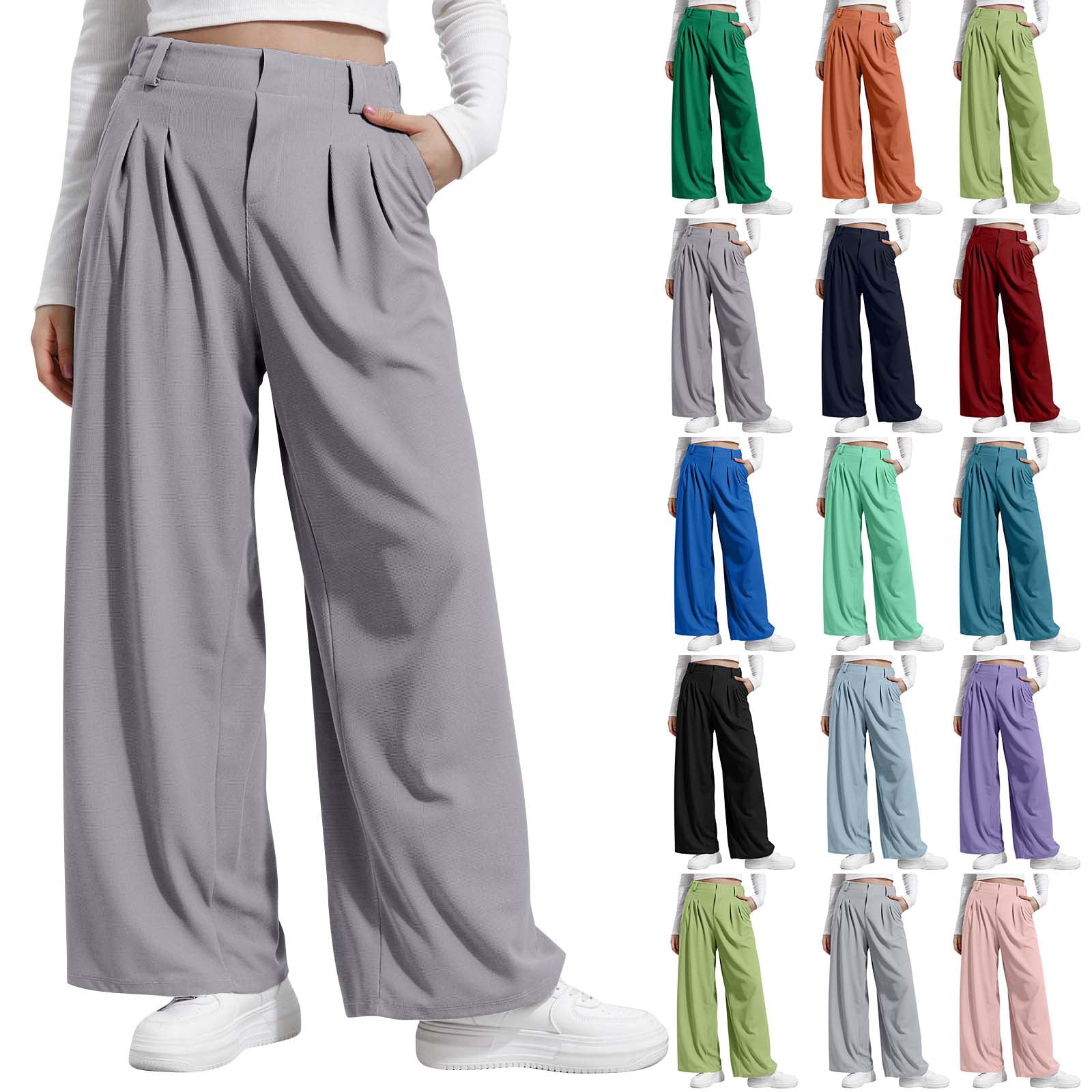 QATAINLAV Womens Button High Waist Dress Pants Solid Wide Leg Work ...