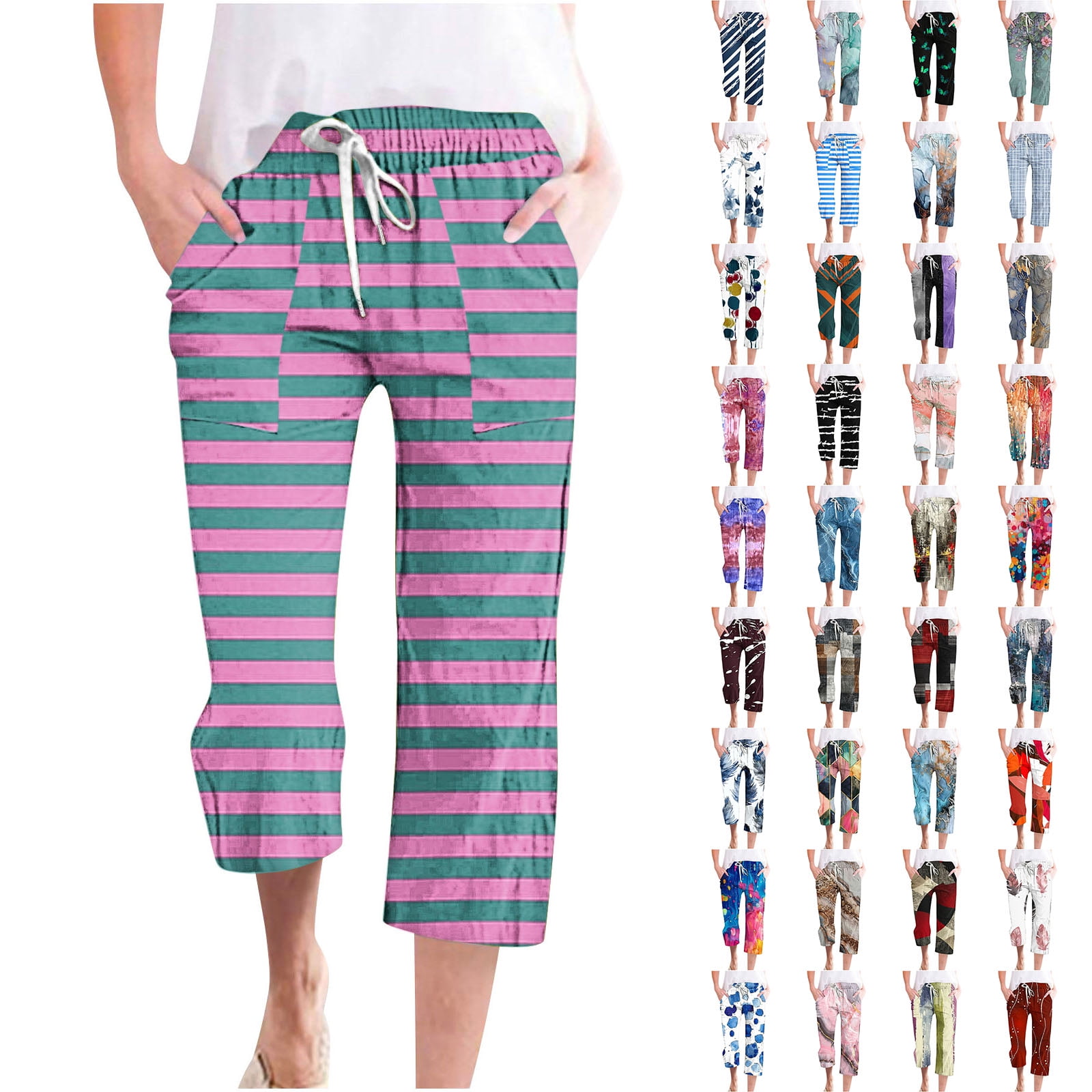 QATAINLAV Womens Capris with Pockets Summer Lightweight Linen Cropped ...