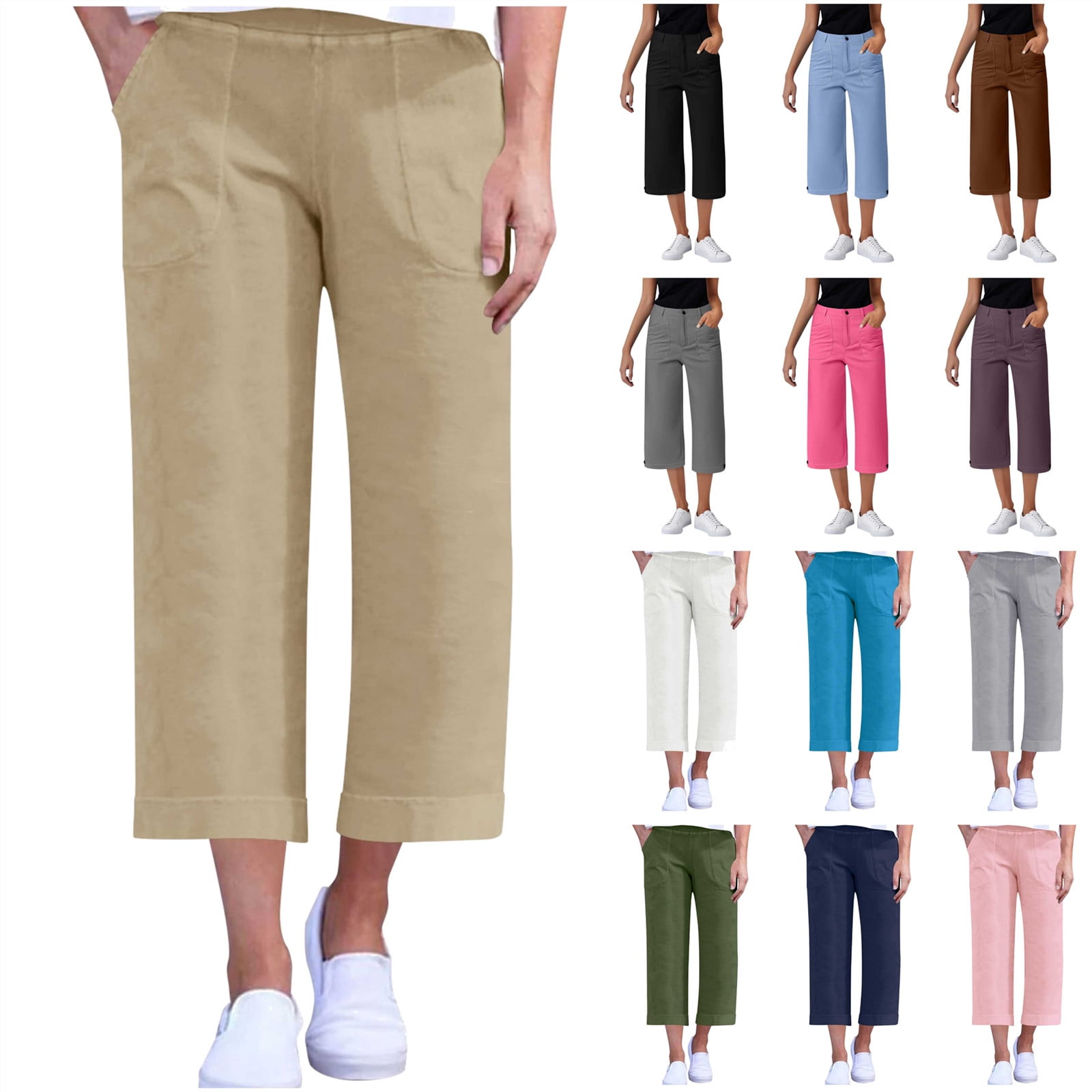 QATAINLAV Womens Casual Capris Summer High Waisted Wide Leg Dress Pants ...