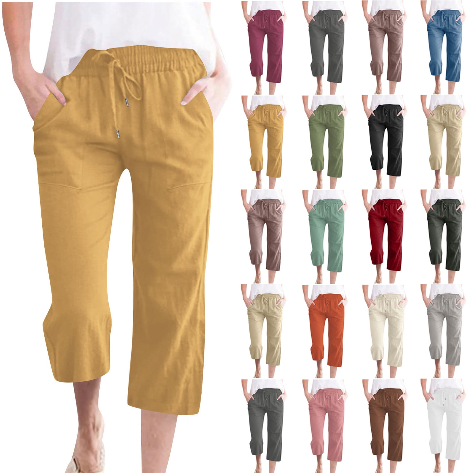 QATAINLAV Womens Cotton Linen Capri Pants 2025 Casual Summer Drawstring Elastic Waist Straight ...
