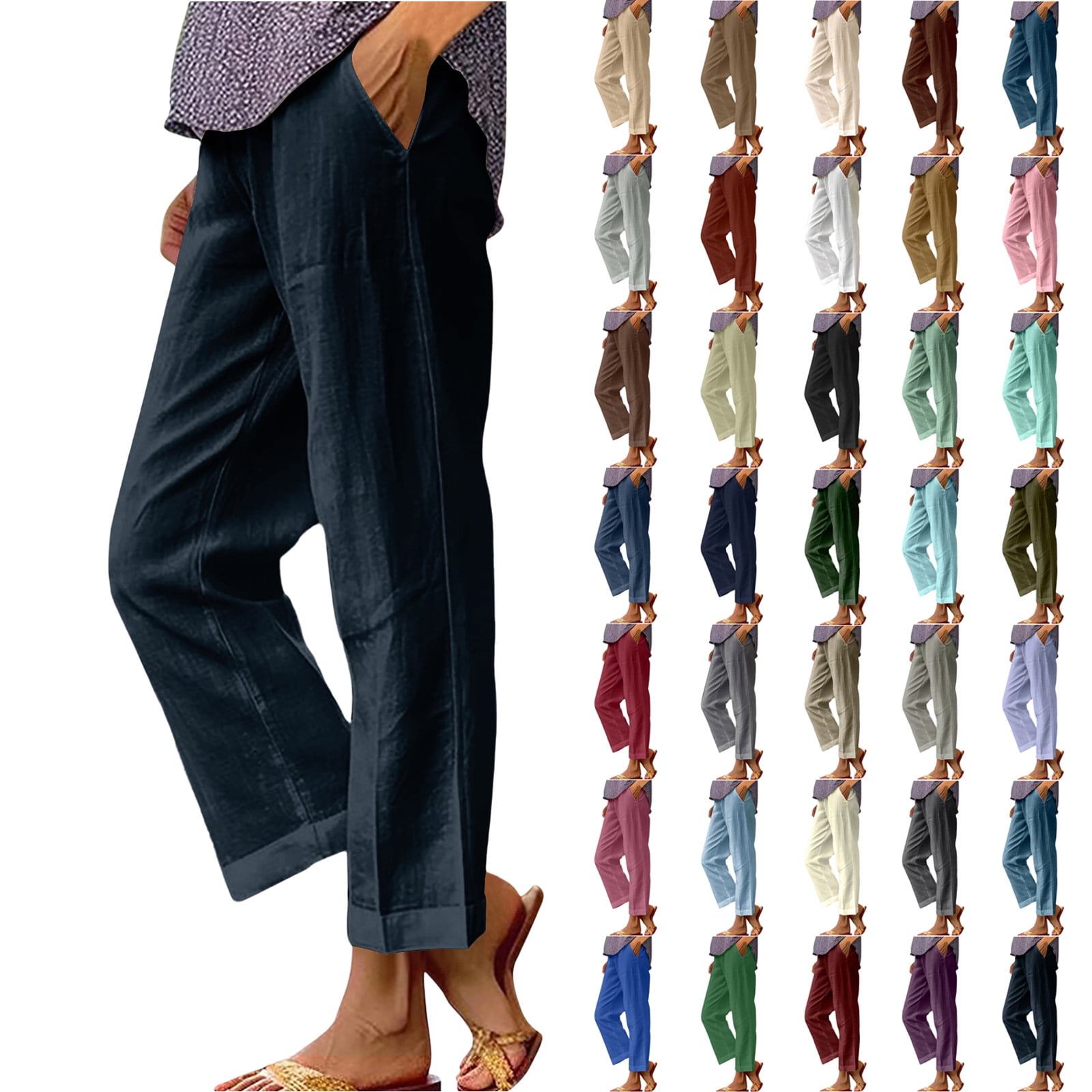 QATAINLAV Womens Cropped Linen Pants Summer Elastic Waist Straight Leg ...