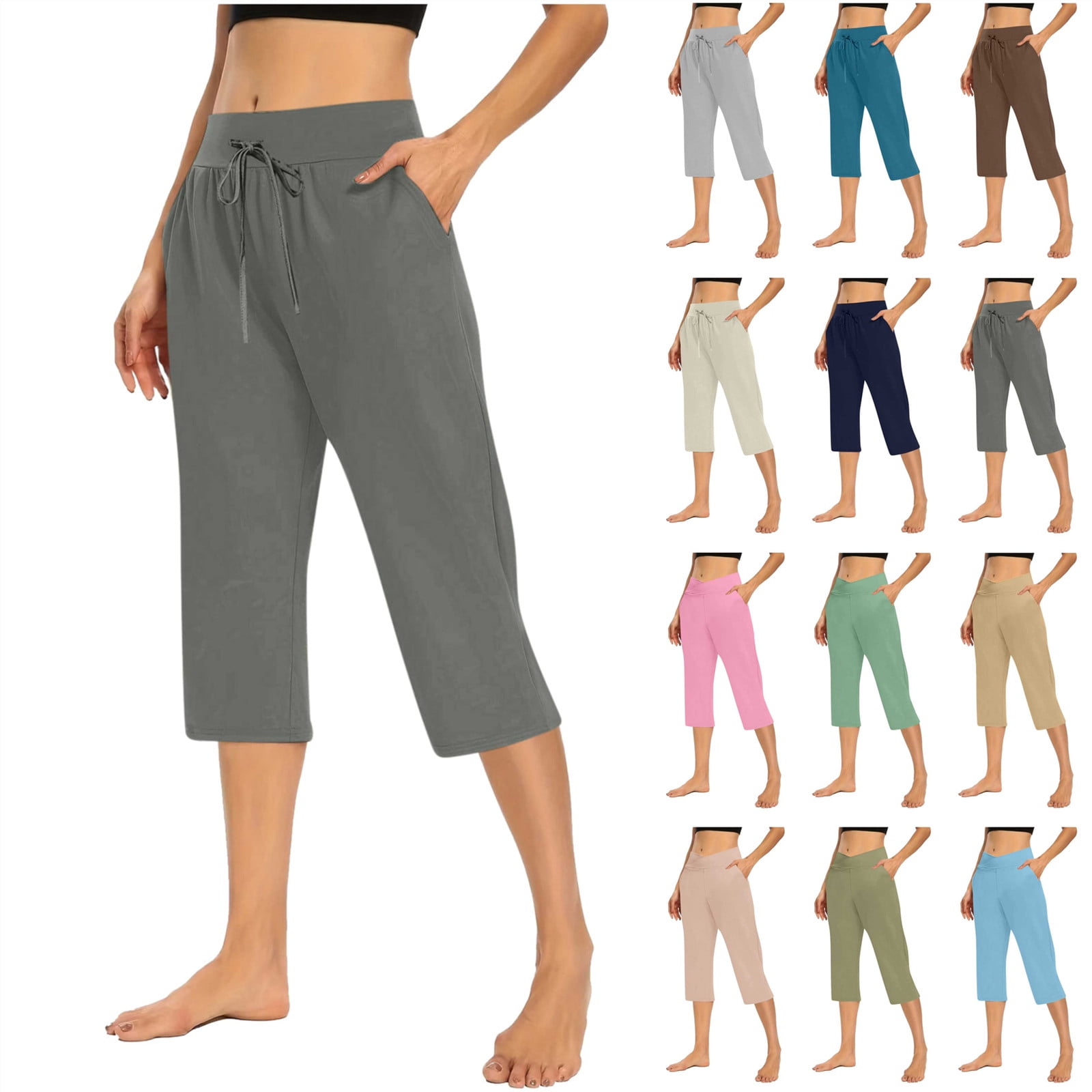 QATAINLAV Womens Drawstring Elastic Waist Casual Capris Running Workout ...