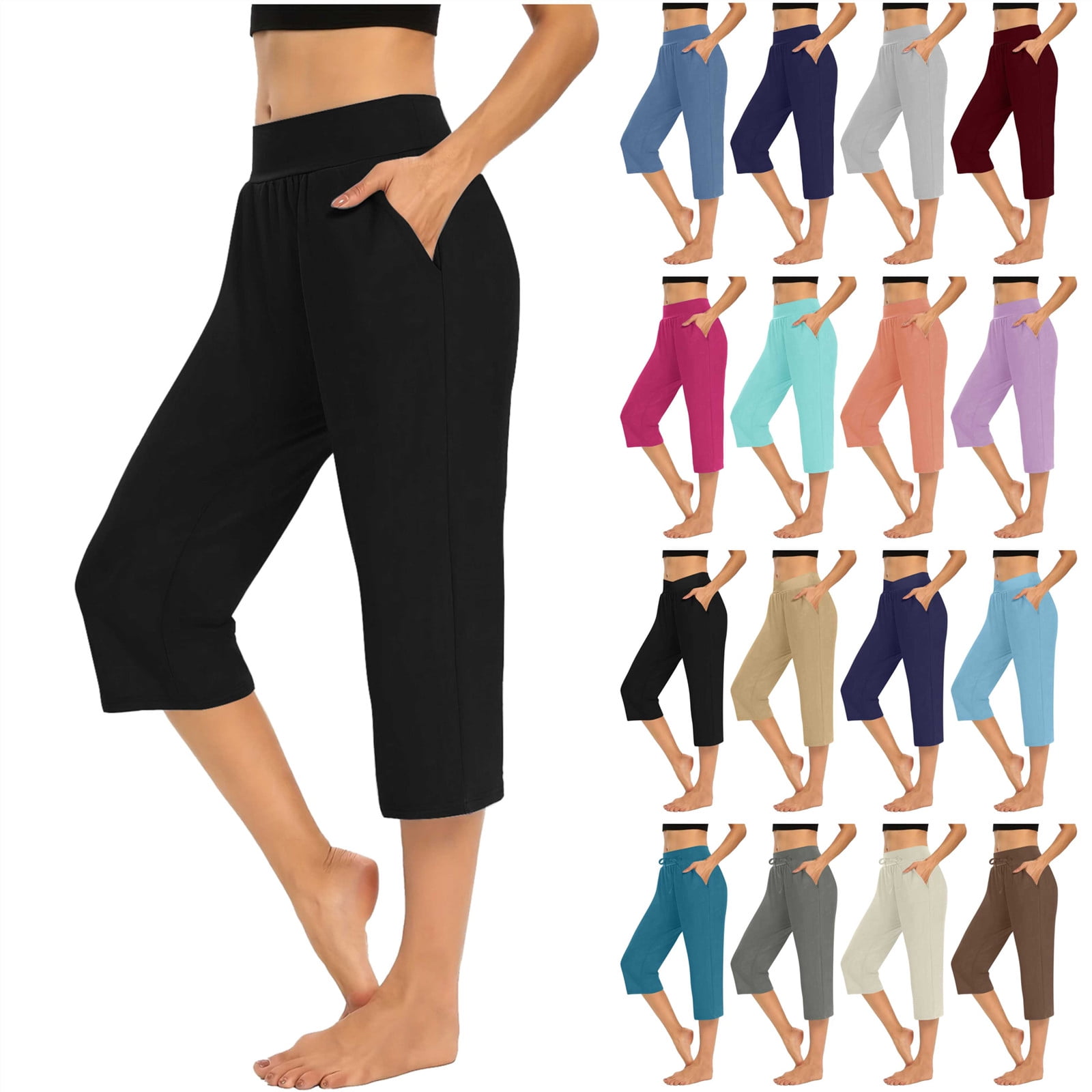 QATAINLAV Womens Drawstring Elastic Waist Casual Capris Running Workout ...