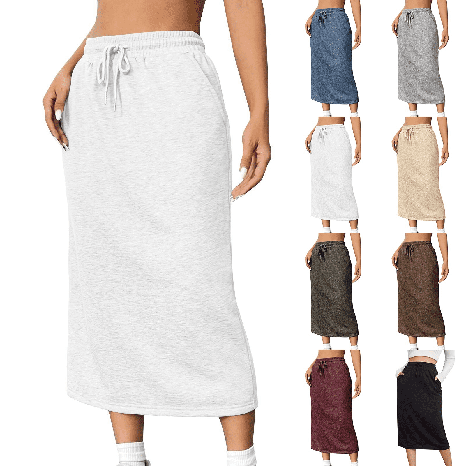 QATAINLAV Womens Drawstring Maxi Skirt with Pockets Elastic High Waist ...