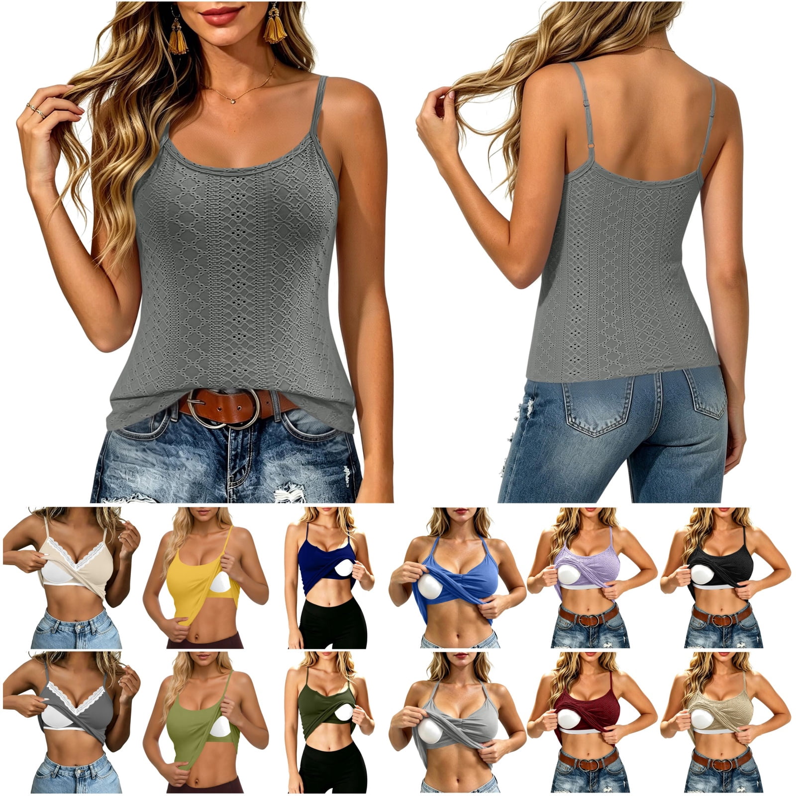 QATAINLAV Womens Eyelet Tank Tops Built-in Bra Sleeveless Casual Shirts ...