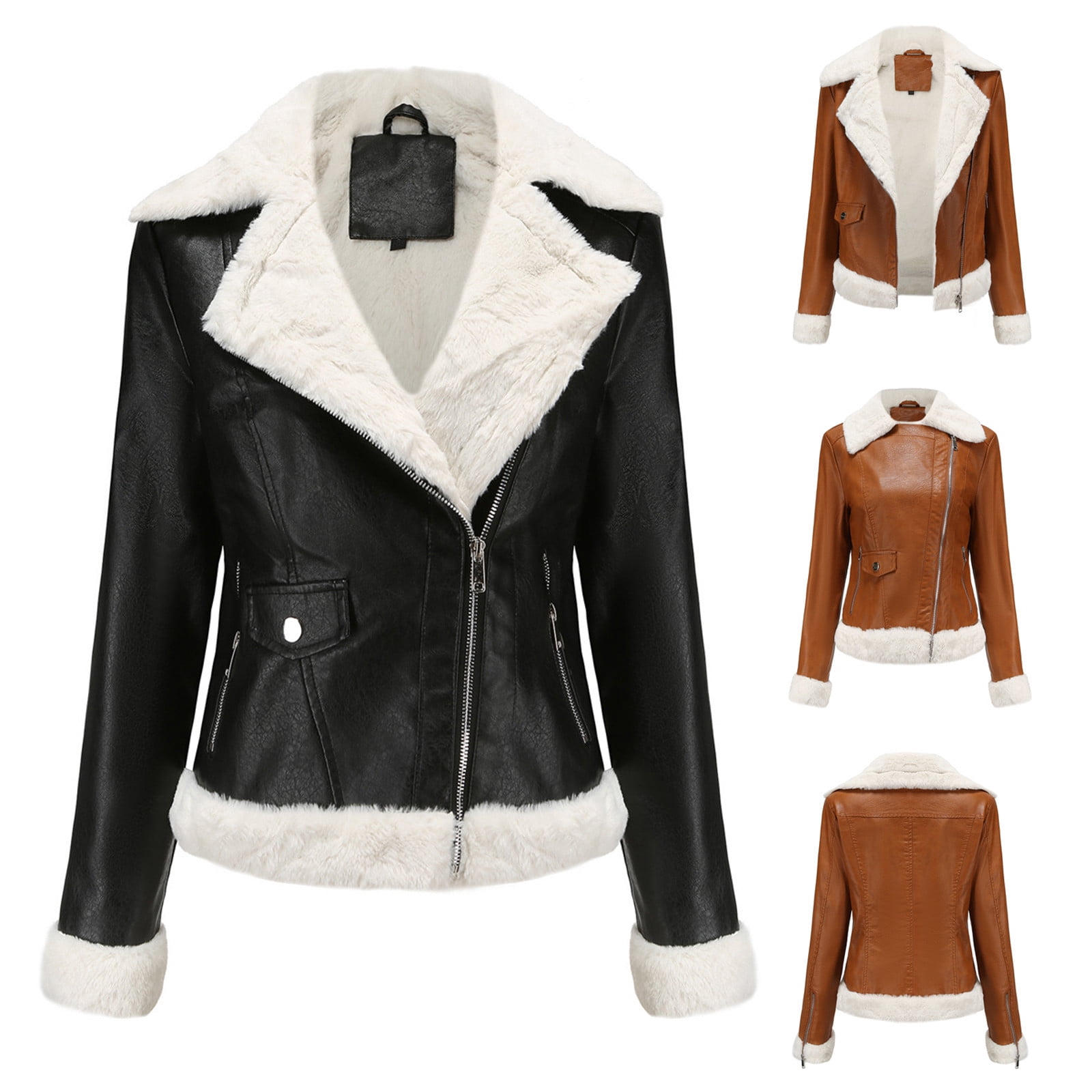 QATAINLAV Womens Faux Shearling Moto Jacket Fashion Leather Motorcycle ...