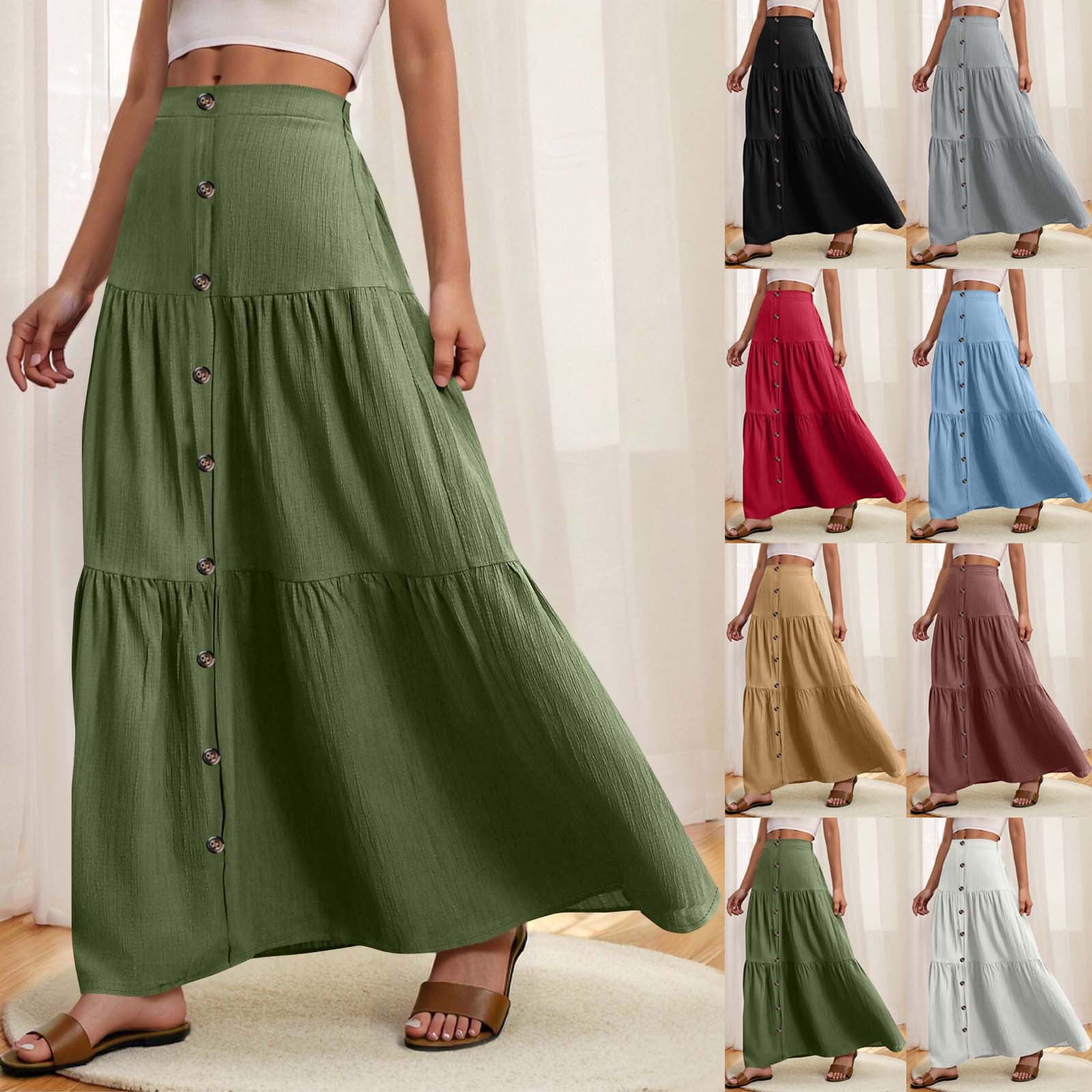 QATAINLAV Womens Flowy Swing Tiered A-Line Maxi Skirts High Elastic ...