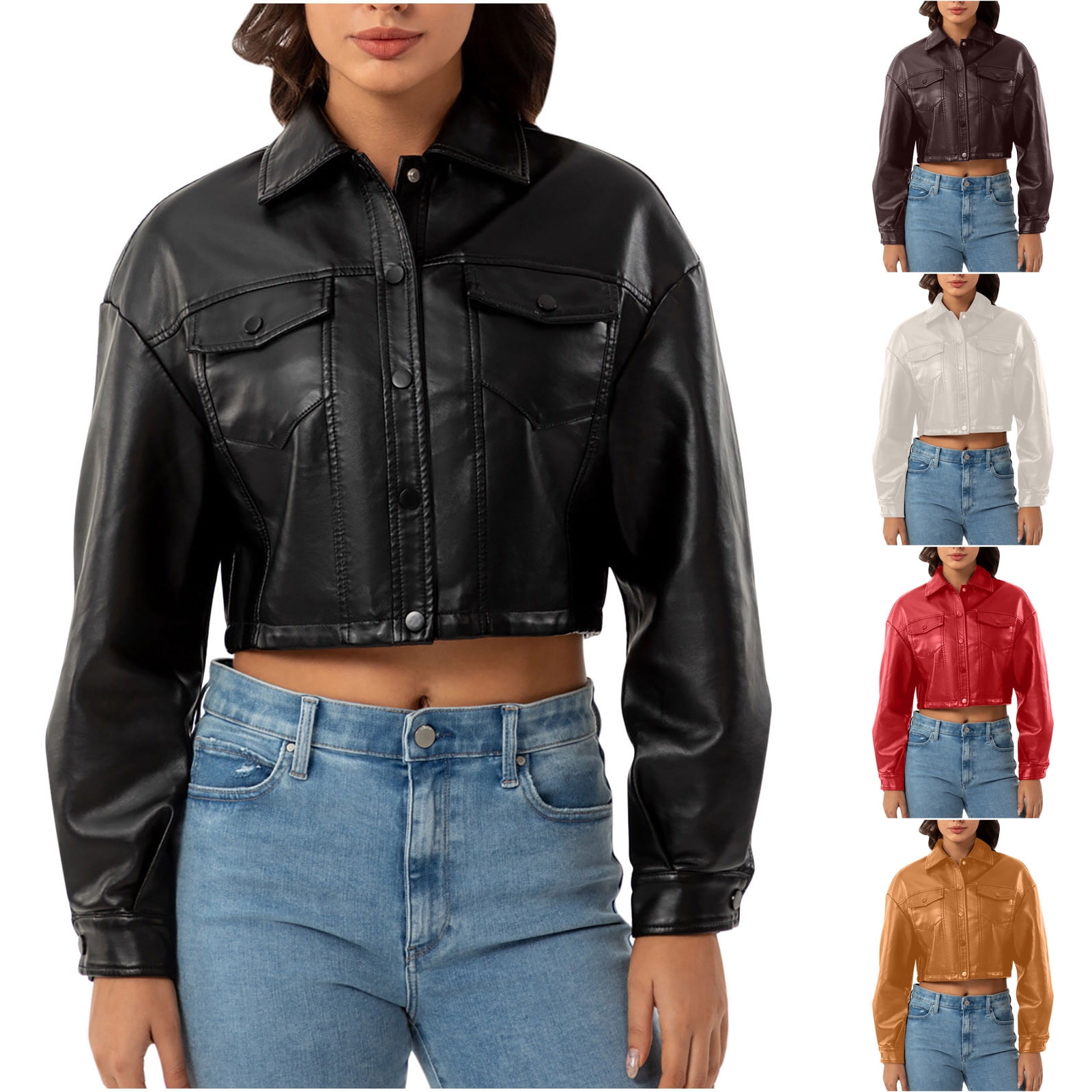 QATAINLAV Womens Leather Jacket Lapel Collar Button Down Long Sleeve ...