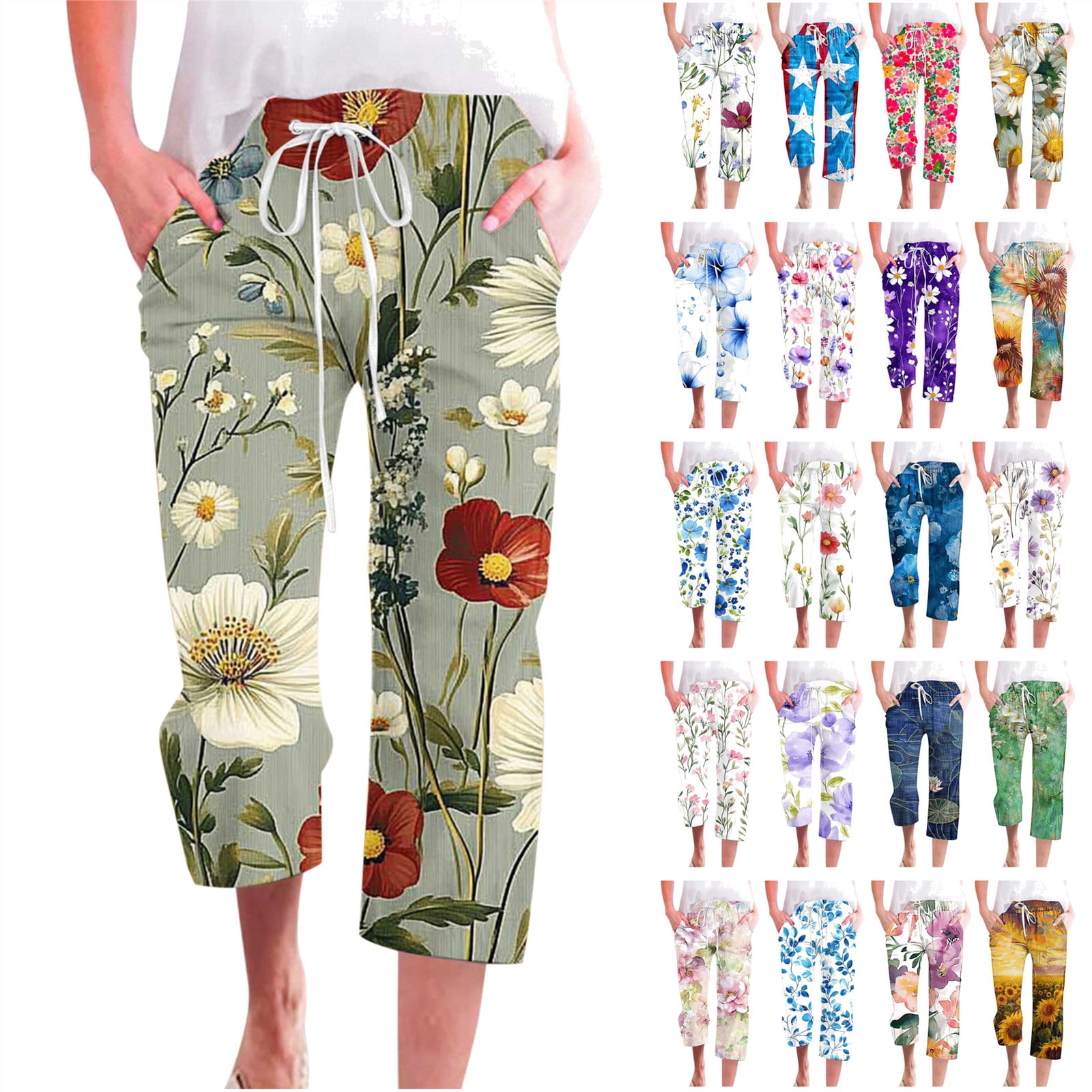 QATAINLAV Womens Linen Capri Pants Fashion Boho Floral Print Beach ...
