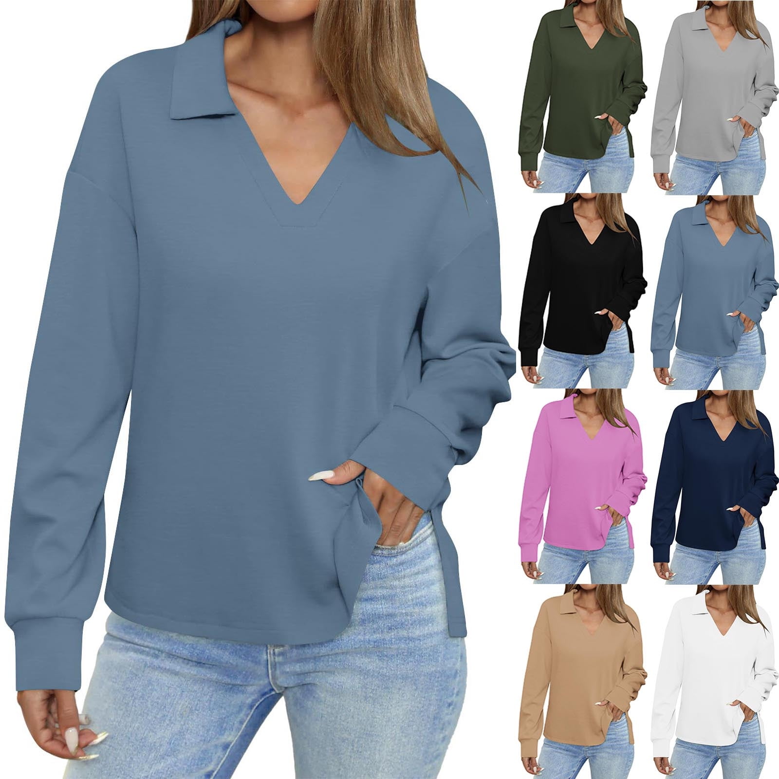 QATAINLAV Womens Long Sleeve Polo Shirts Solid Color V Neck Lapel ...