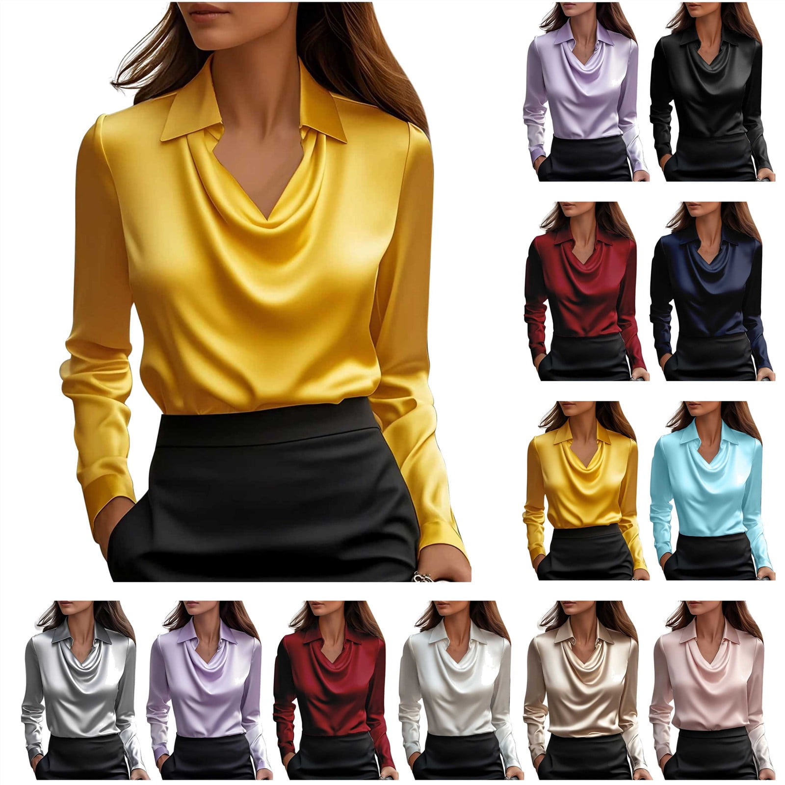 QATAINLAV Womens Long Sleeve Swing Collar Blouse Fashion Satin Office ...