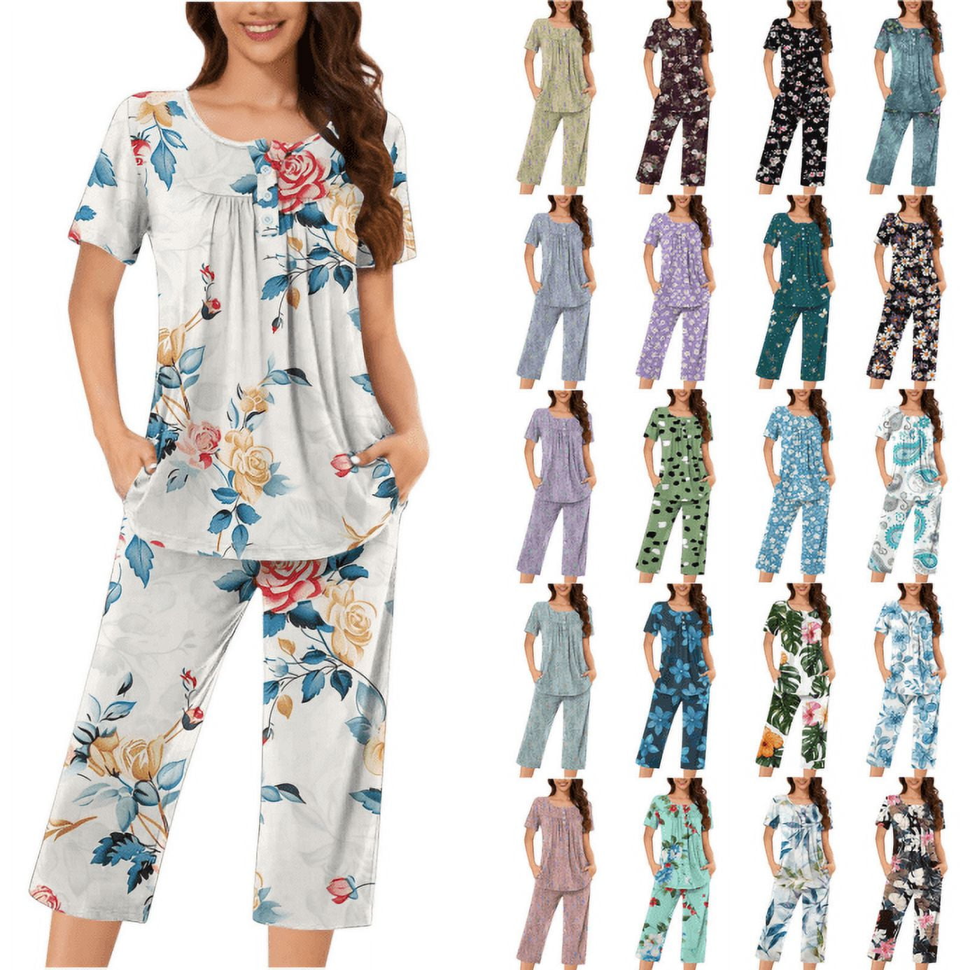 QATAINLAV Womens Lounge Set, Pleated Short Sleeve Shirts and Capri ...