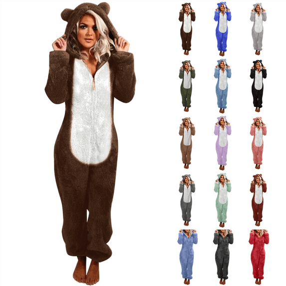 QATAINLAV Womens One Piece Fuzzy Warm Sherpa Hooded Pajamas Jumpsuit ...