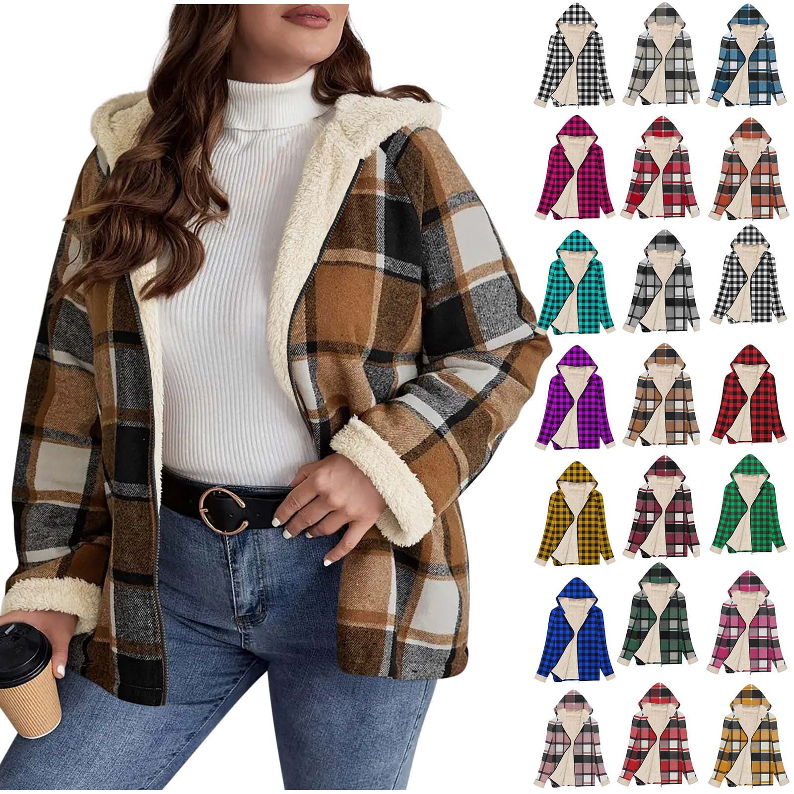 QATAINLAV Womens Plaid Fleece Jacket Long Sleeve Sherpa Lined Shacket ...