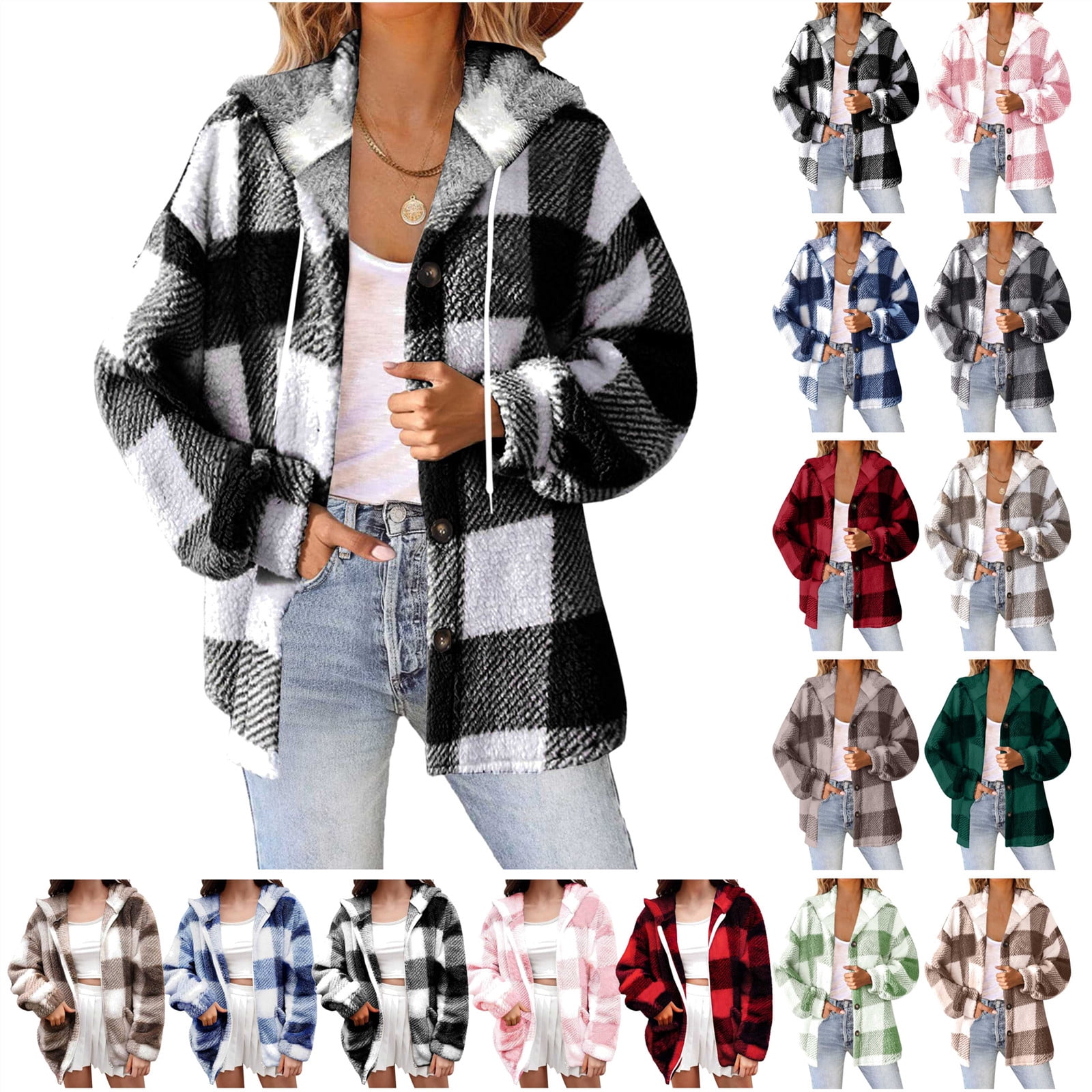 QATAINLAV Womens Plaid Shacket Fleece Sherpa Lined Jackets Casual ...