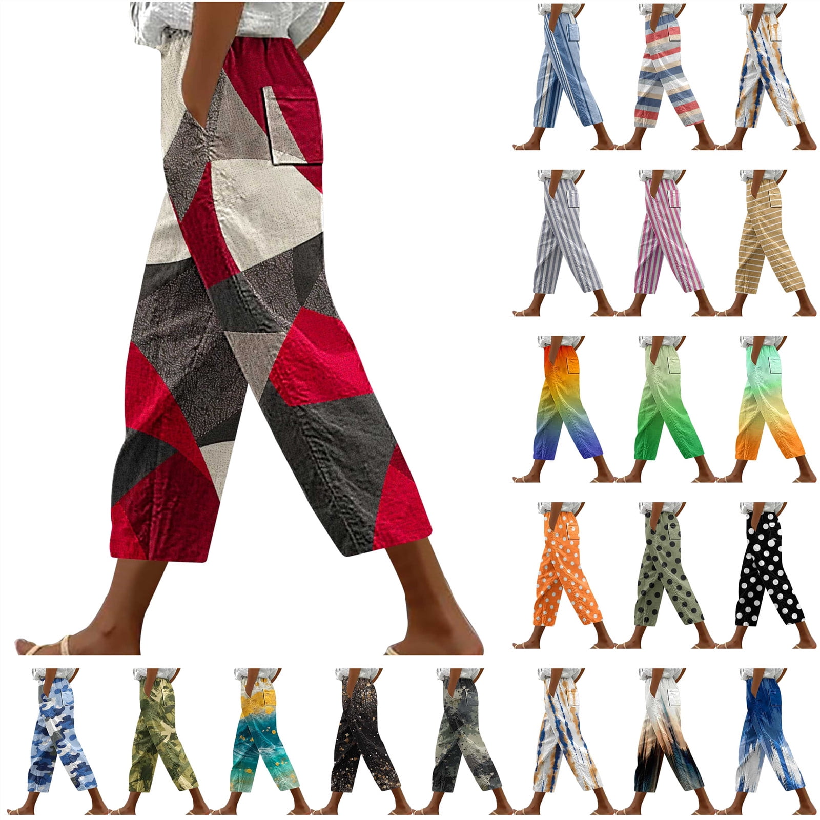 QATAINLAV Womens Plus Size Capri Pants Summer Casual Drawstring High ...