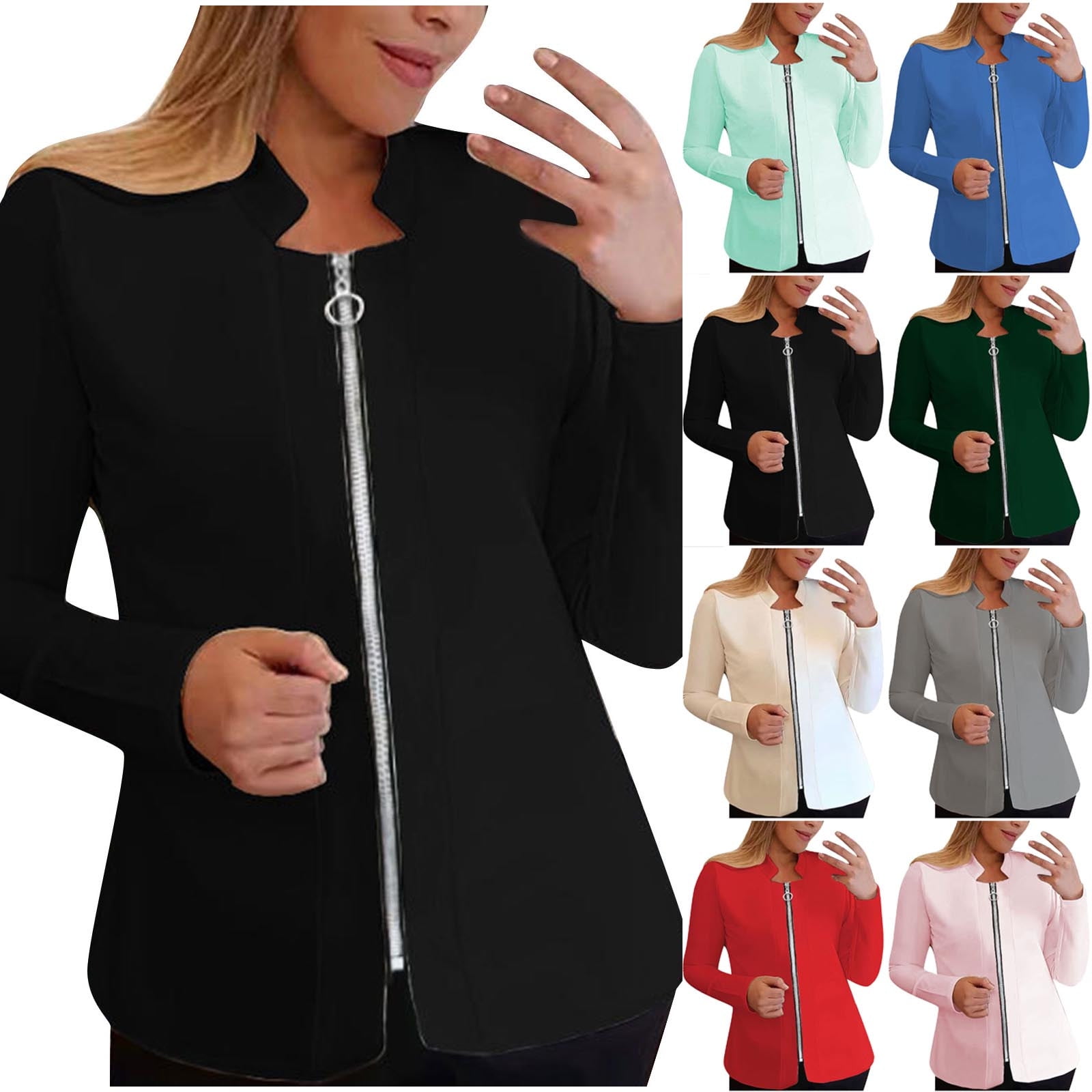 QATAINLAV Womens Plus Size Slim Fit Blazer Casual Zip Front Collarless ...