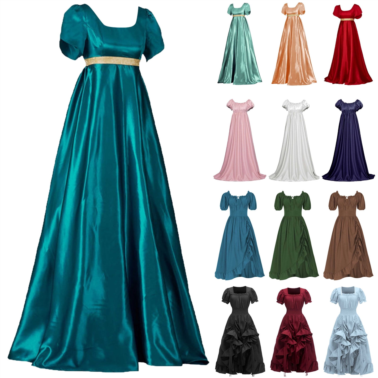 QATAINLAV Womens Satin Regency Dress Ruffle Puff Sleeve Empire Waist ...