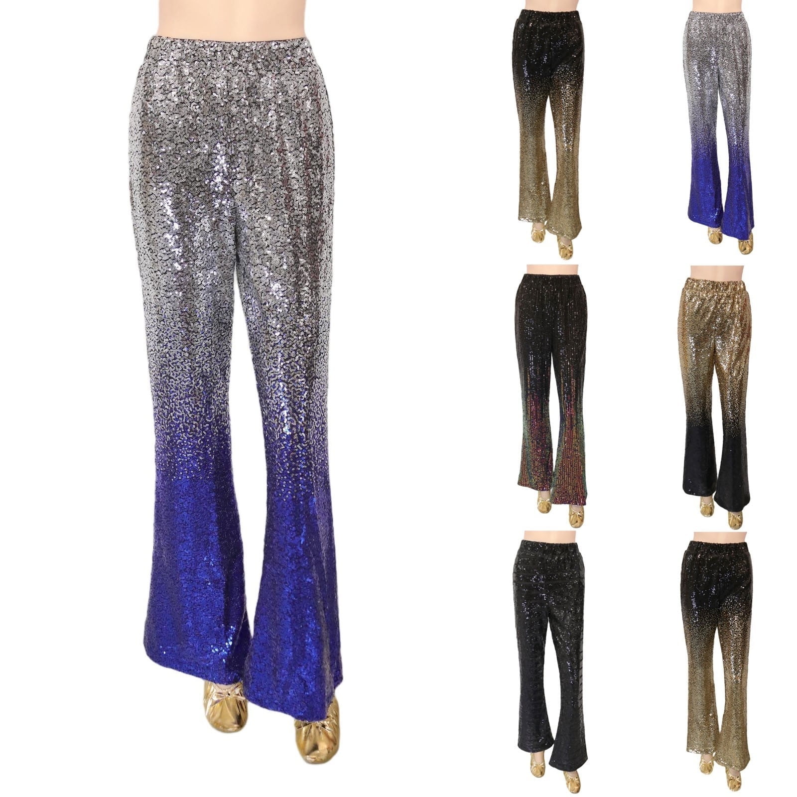 QATAINLAV Womens Sequin Bell Bottom Trousers Elastic High Waisted ...