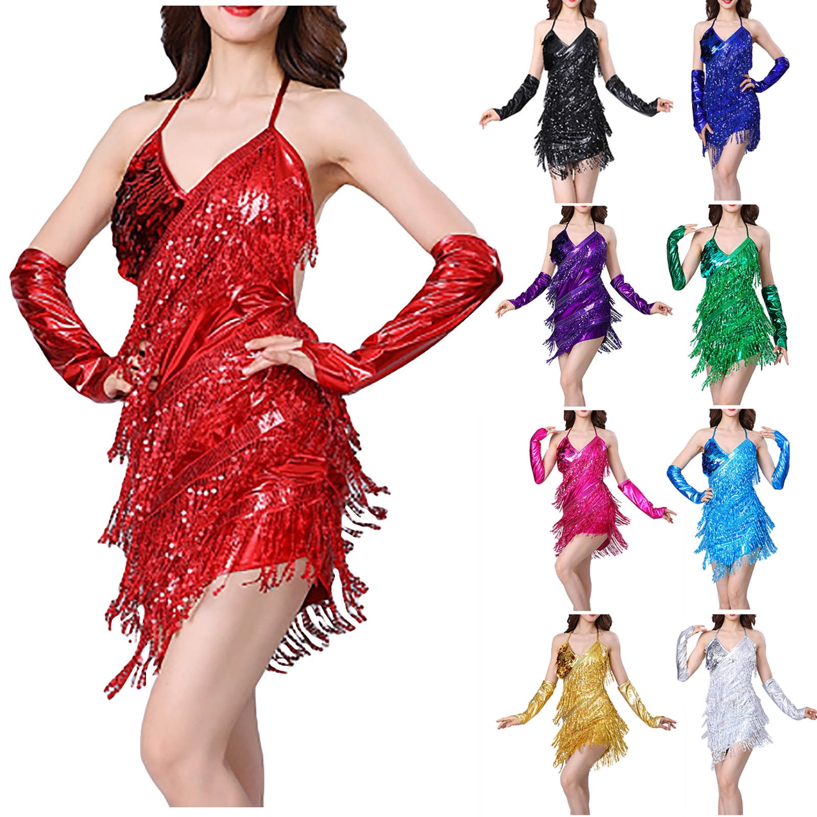 QATAINLAV Womens Sequin Tassel Flapper Dress Glitter Sleeveless Straps ...