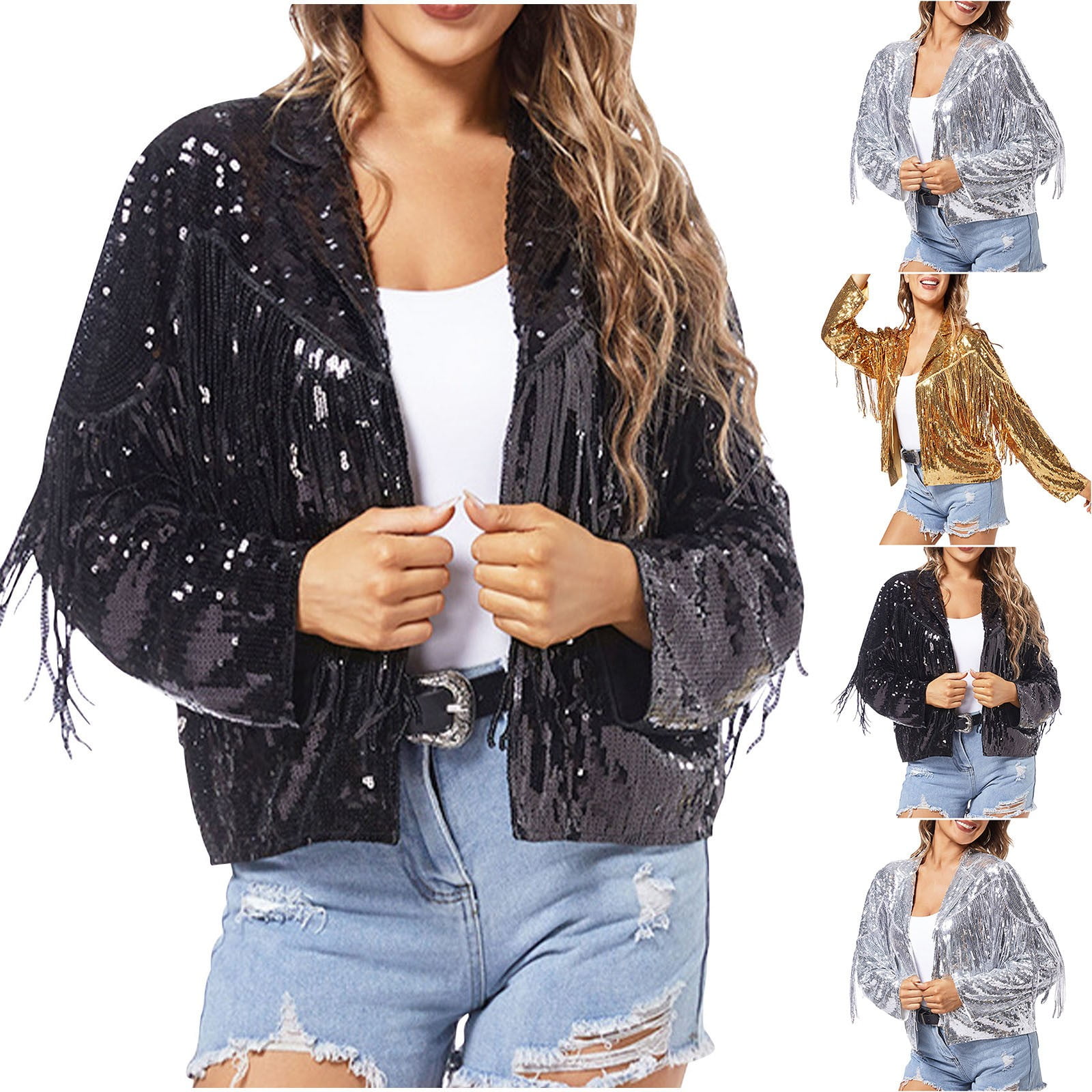 QATAINLAV Womens Sequin Tassel Jacket Glitter Sparkle Disco Party ...