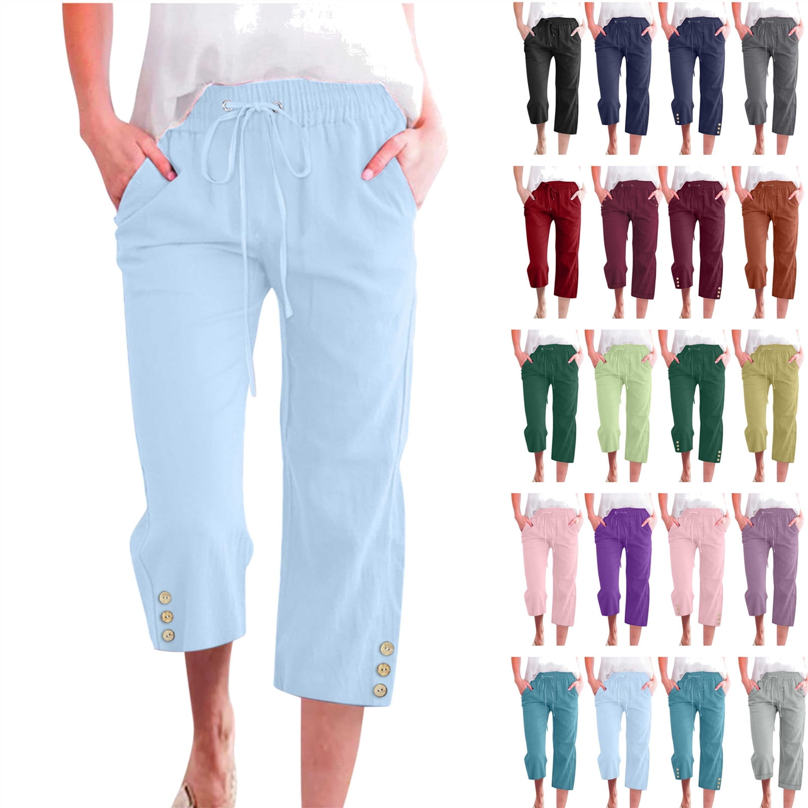 QATAINLAV Womens Summer Casual Linen Capri Pants Solid Elastic Loose ...