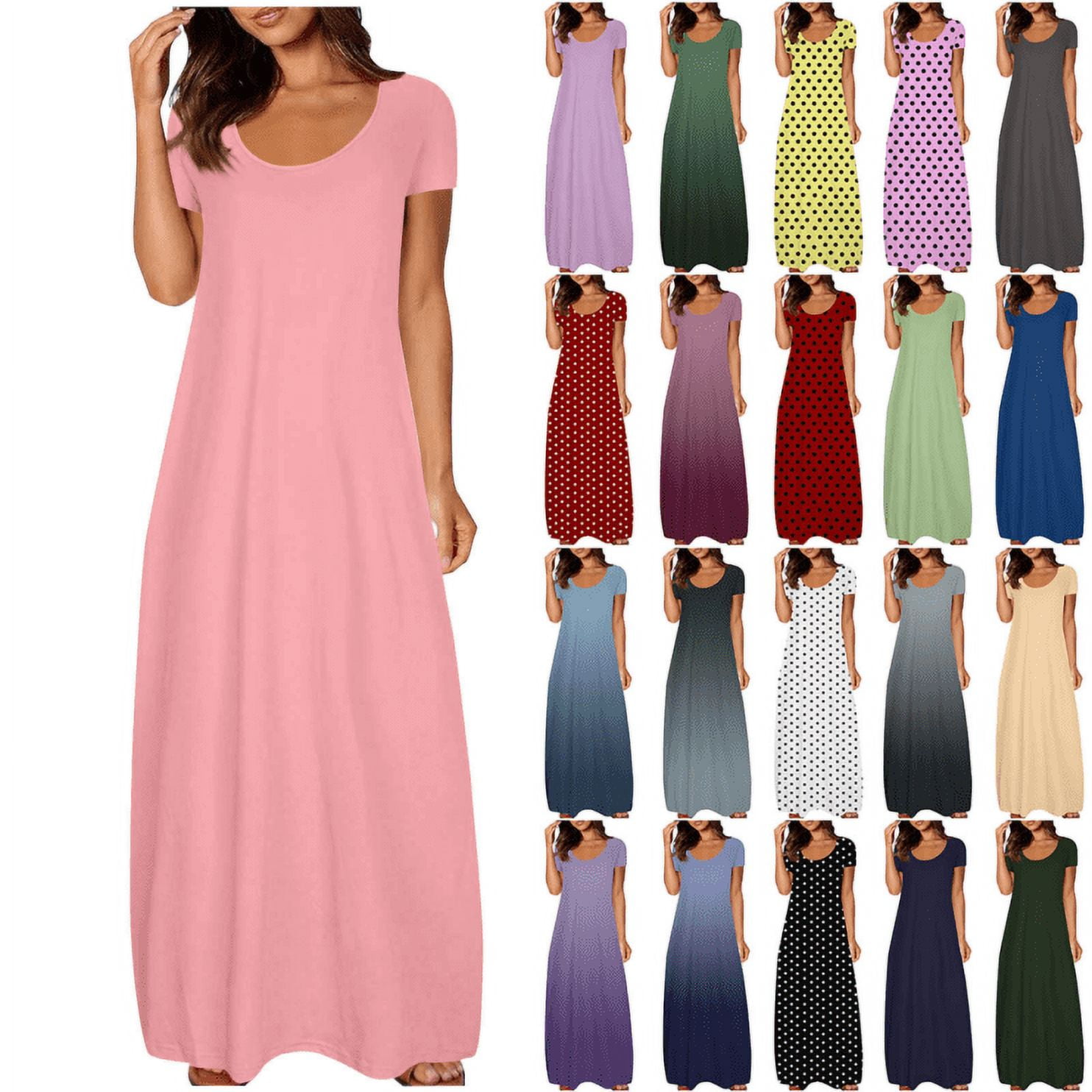 QATAINLAV Womens Summer Dresses Trendy Gradient Crewneck Maxi Sundress ...