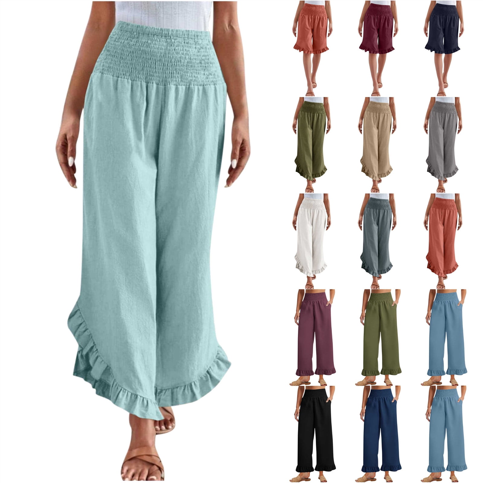 QATAINLAV Womens Summer Wide Leg Linen Pants Casual Smocked Waist Ruffle Hem Palazzo Pants Loose ...
