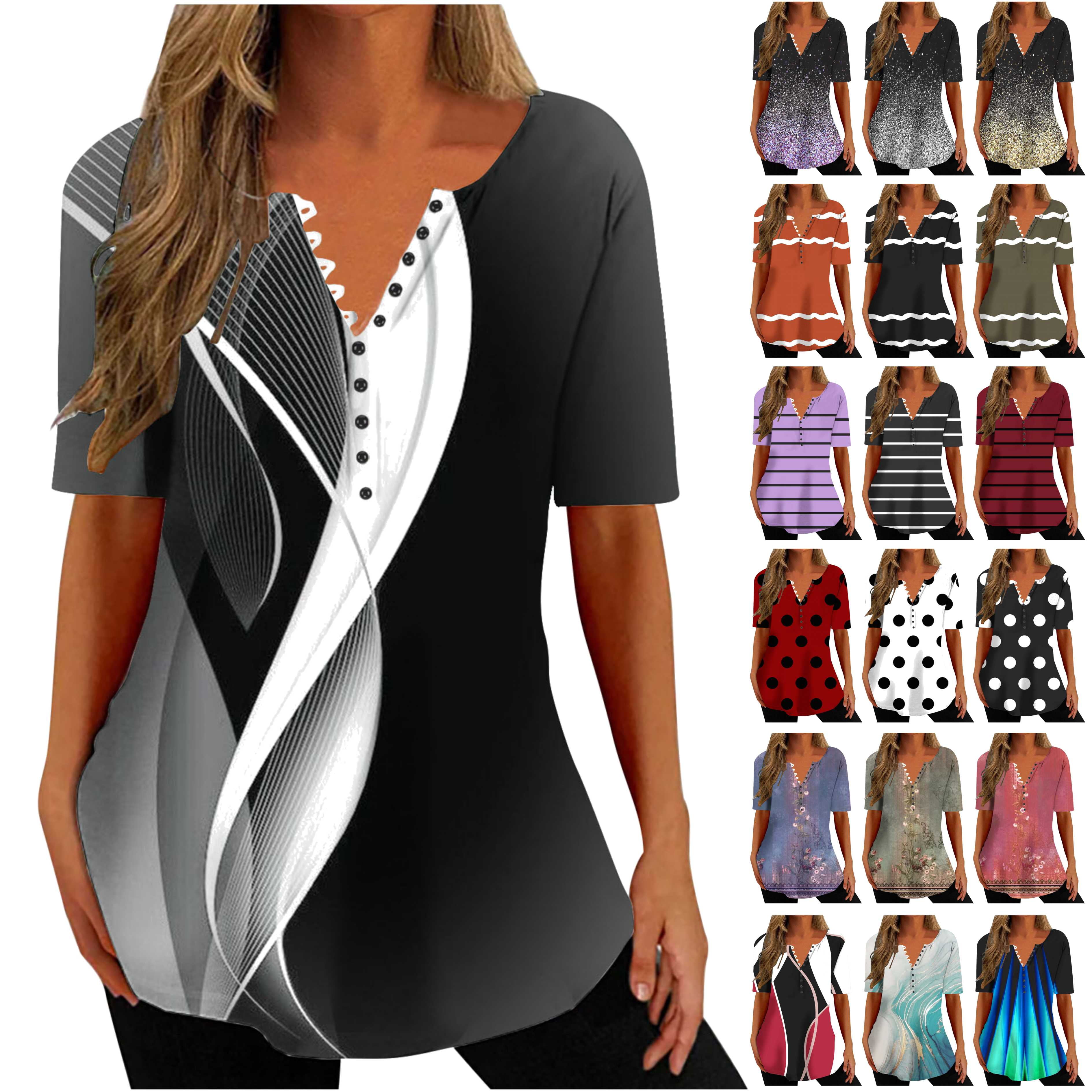 QATAINLAV Womens Tops Hide Belly Shirts, Button V Neck Short Sleeve T ...