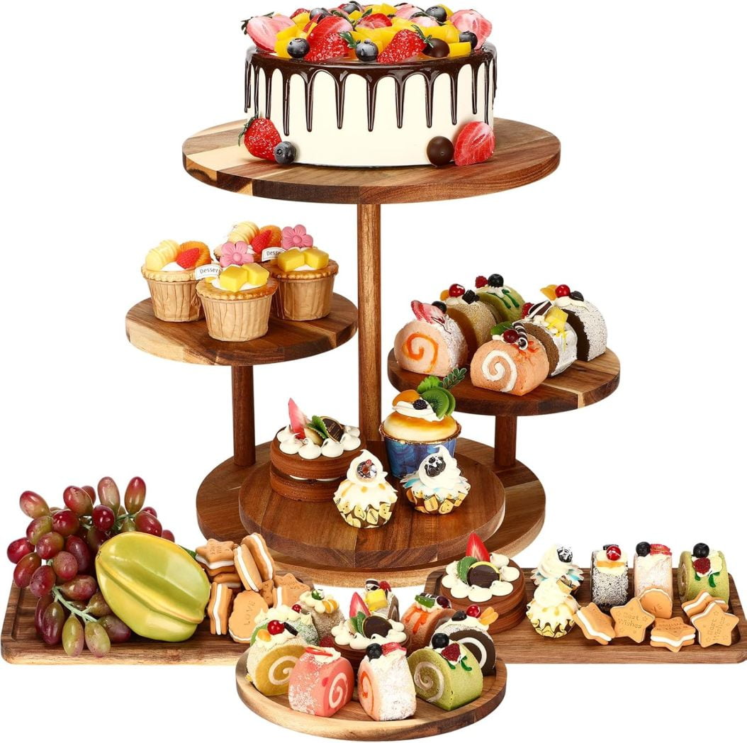 QATZ 4 Pcs Wood Round Cupcake Tower Stand with Serving Platters Trays ...