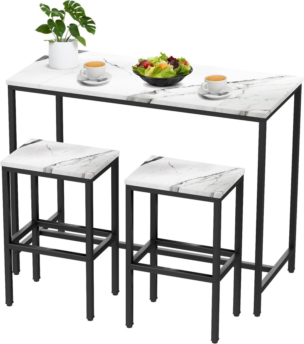 QATZ Bar Table Set,44" White Faux Marble Top Bar Table and Chairs Set ...