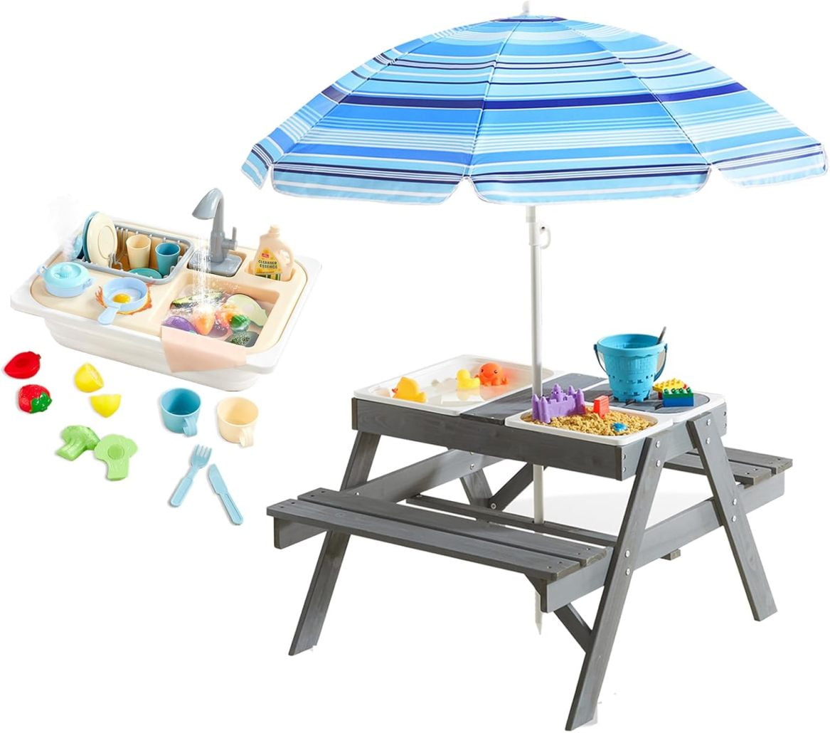QATZ Kids Picnic Table with Play Kitchen Sink Toy, 3 in 1 Sand and ...