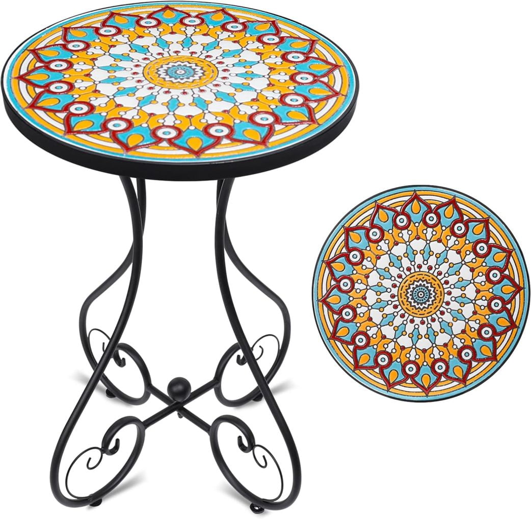 QATZ Mosaic Outdoor Side Table, Round Rustproof Patio Table with 14 ...