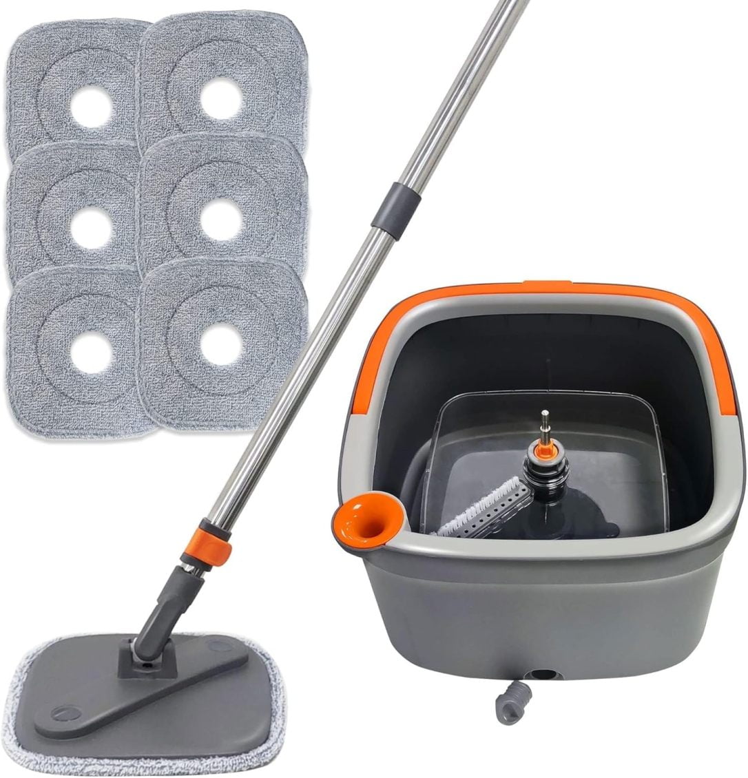 QATZ Spin Mop and Bucket Set with 6 Replaceable Microfiber Mop Pads ...