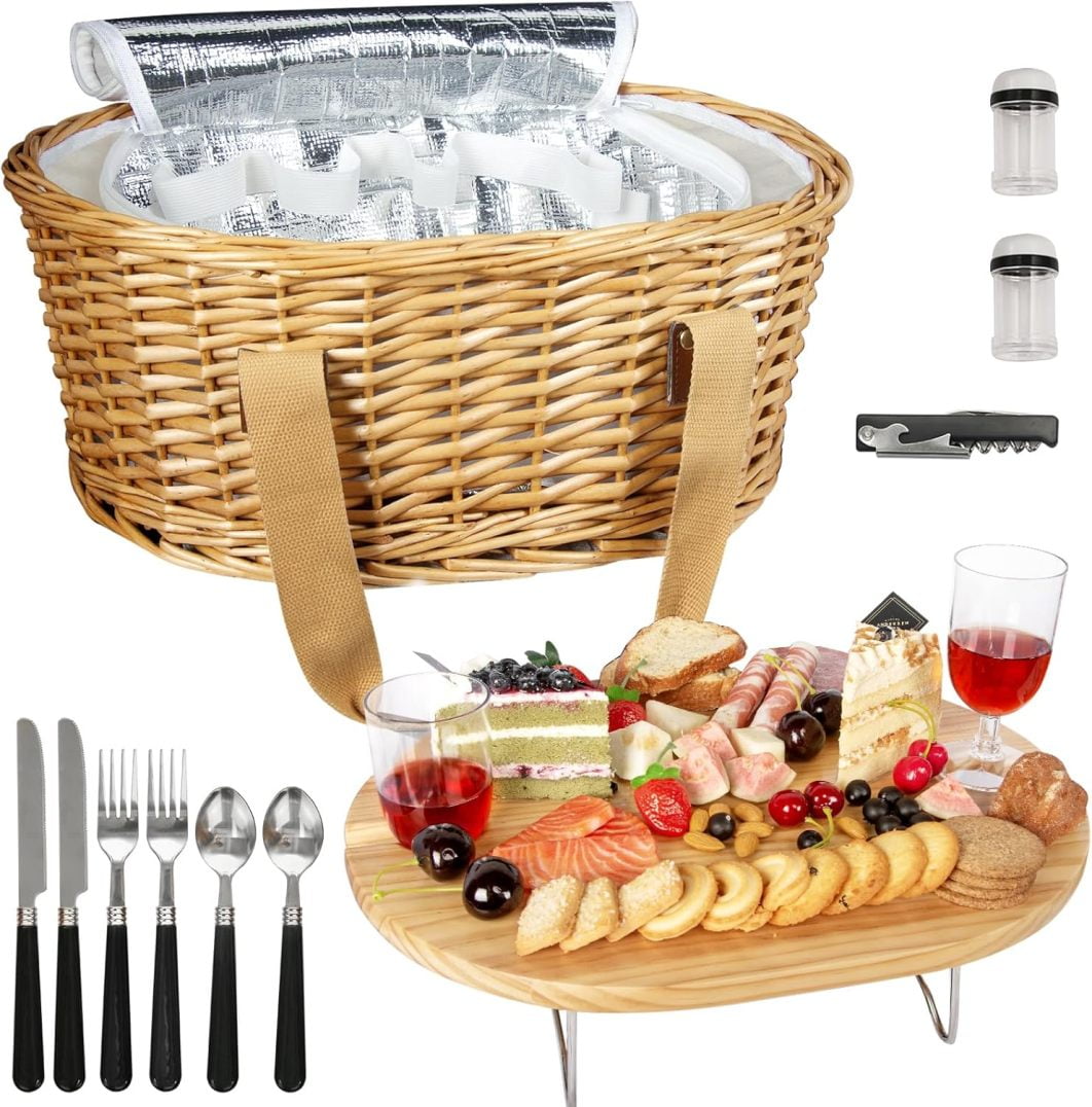 QATZ Wicker Picnic Basket Set for 2 with Mini Folding Wine Picnic Table ...