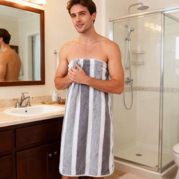 QAWAEY Corals Fleece Bath Towel Wide Stripe Designs Highly Absorbent ...