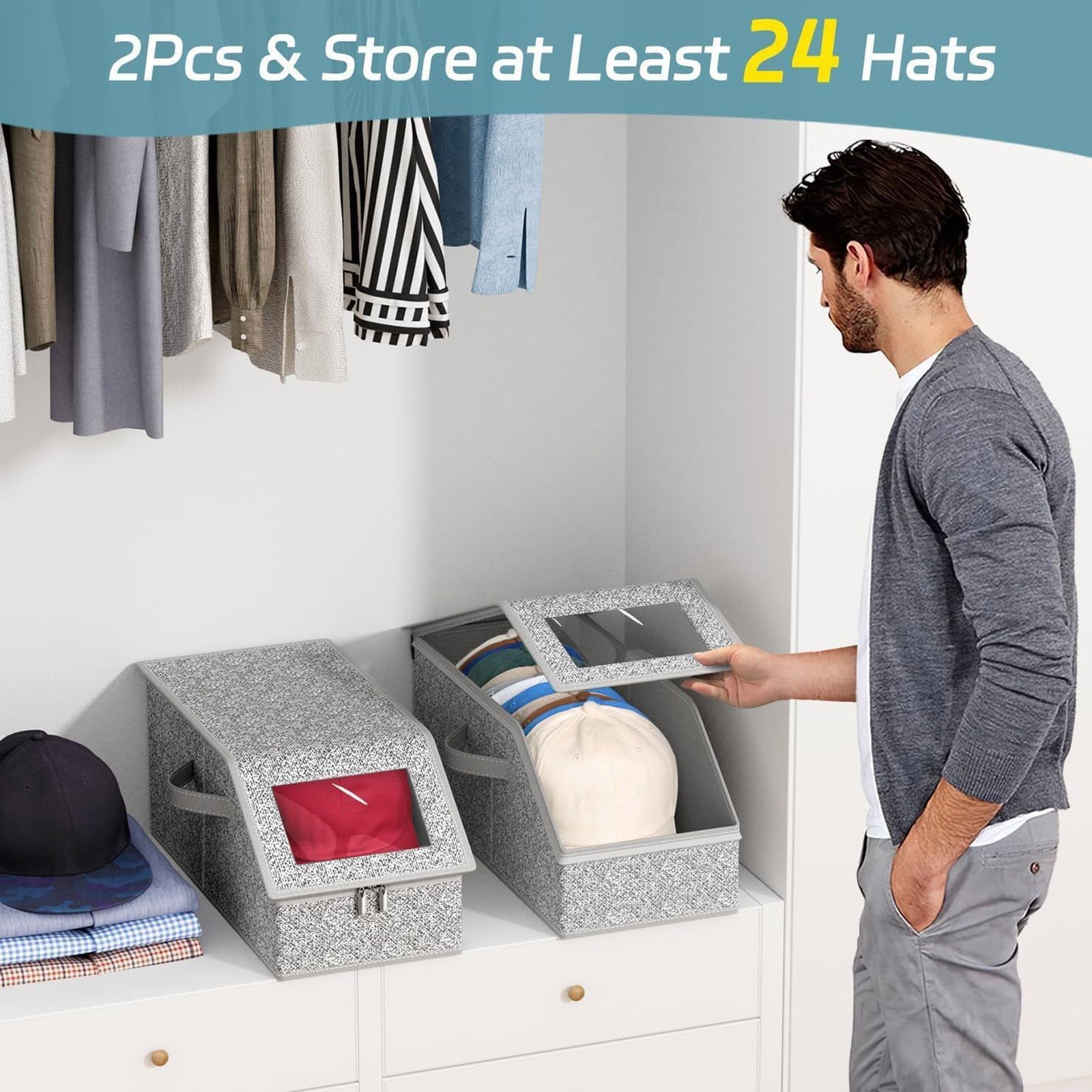 QAWAEY Hat Storage Box With Large Capacity Stackable Baseball Cap ...