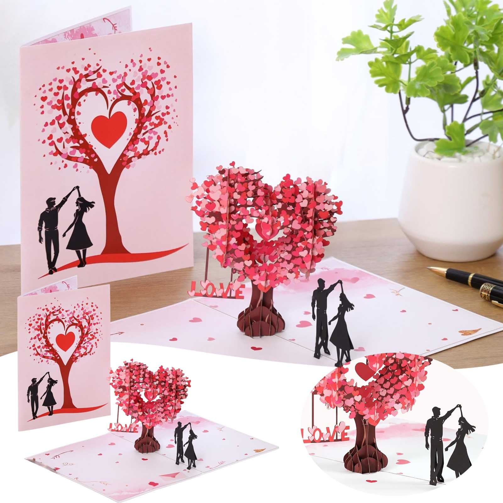 QAZIWE Greeting Card Heart Shape Tree Valentine's Day LED Music Card 3D ...