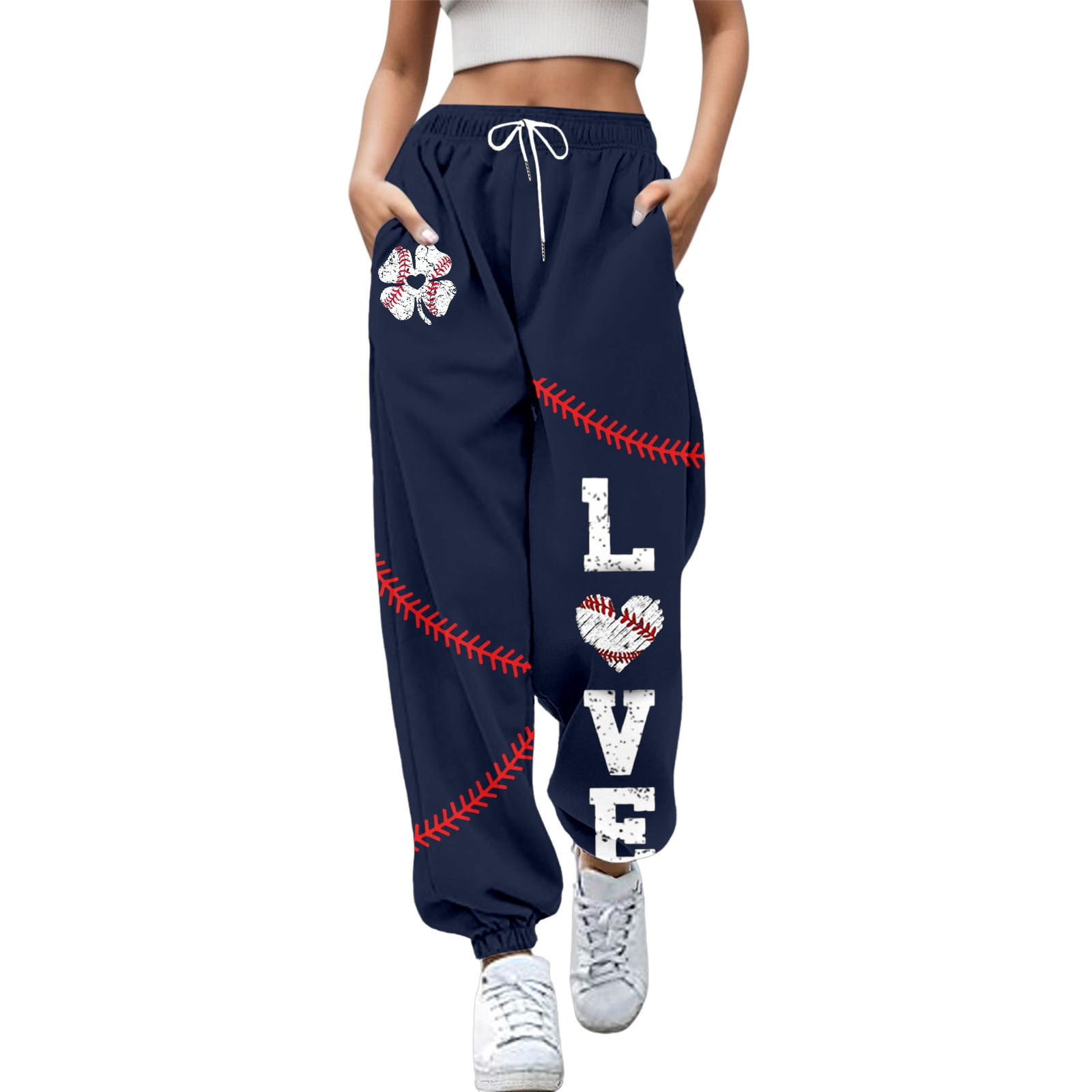 Qbgsay Women Fashion Trousers Baseball Football Printed Bottom Sweatpants Pockets High Waist