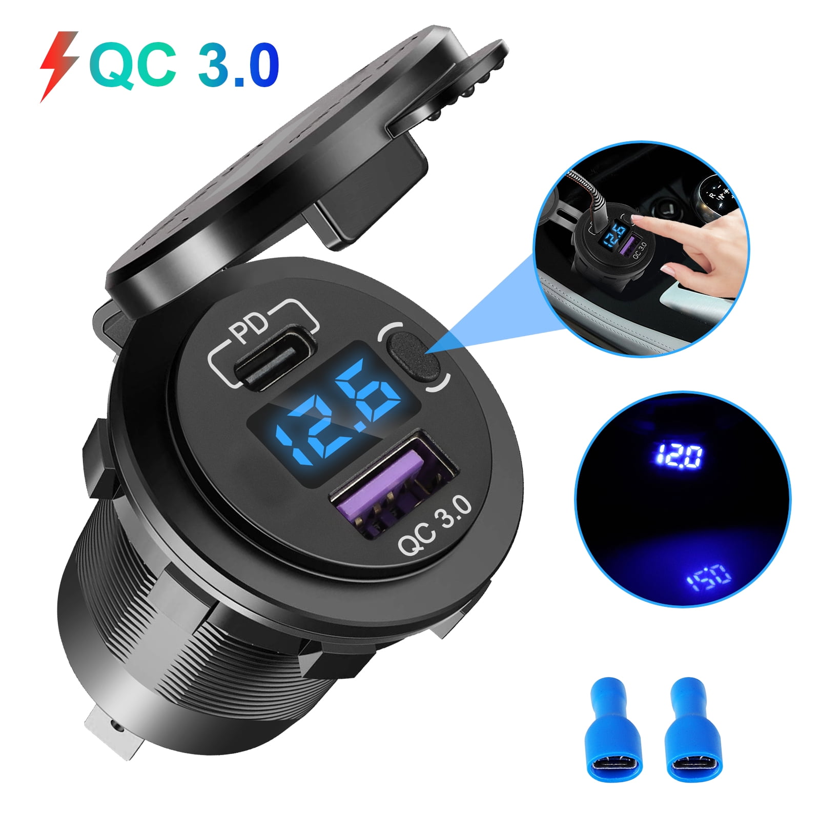 QC 3.0+PD Dual USB 12V~24V LED Car Fast Charger Socket Power Outlet ...