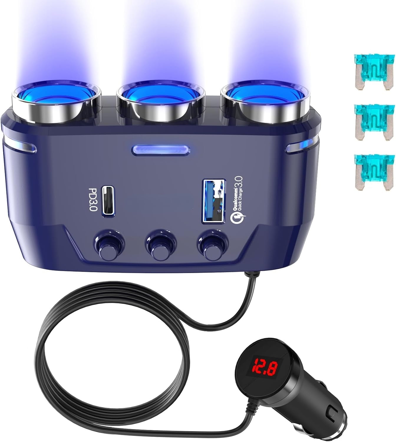 QC3.0&PD 40W Cigarette Lighter Adapter, 3-Socket 140W Cigarette Lighter ...