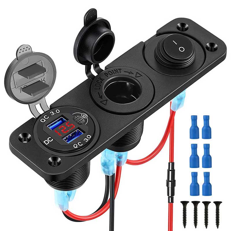 QC3.0 USB Car Charger Socket Panel Aluminum 12V/24V Dual USB Fast ...